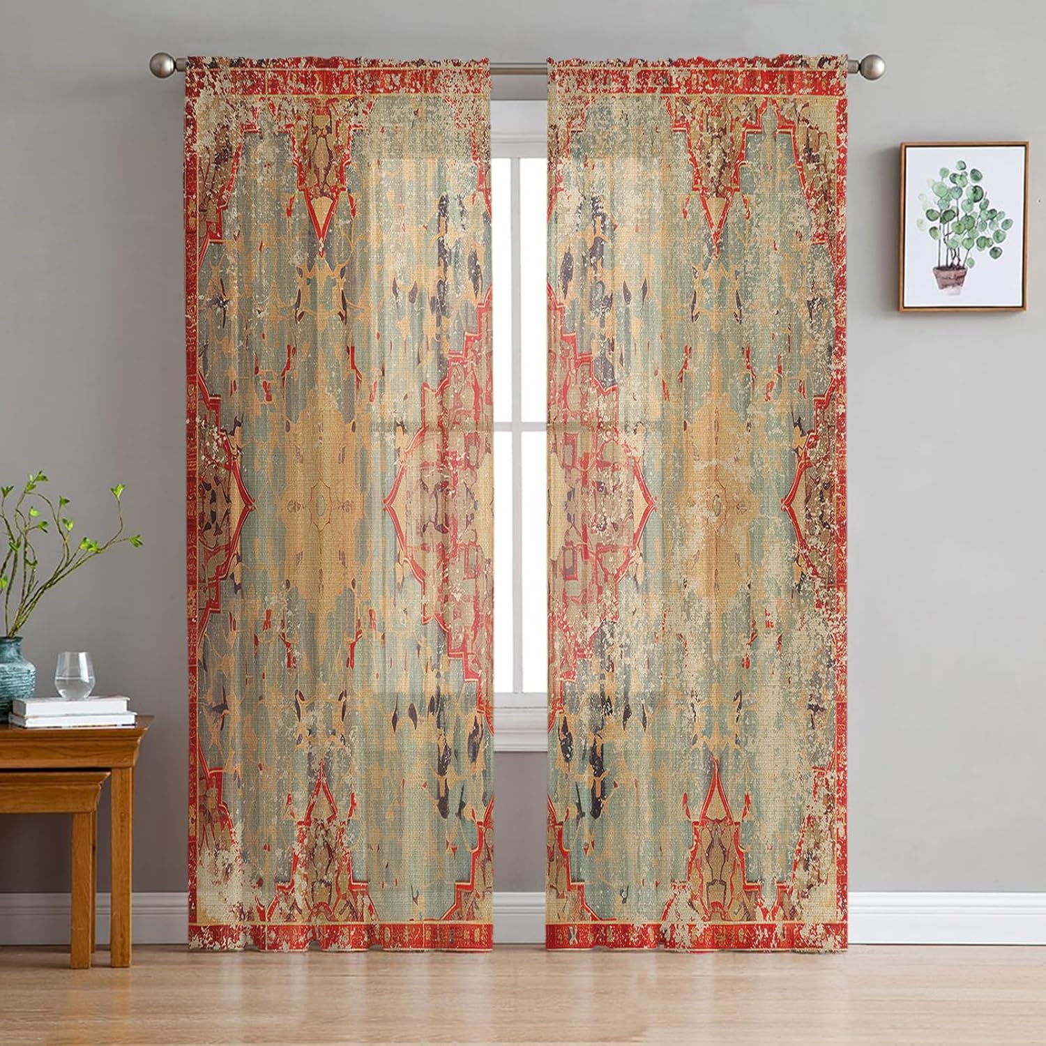 Amazon.com: Semi Sheer Curtains 84 Inch Length 2 Panels Set, Geometric ...