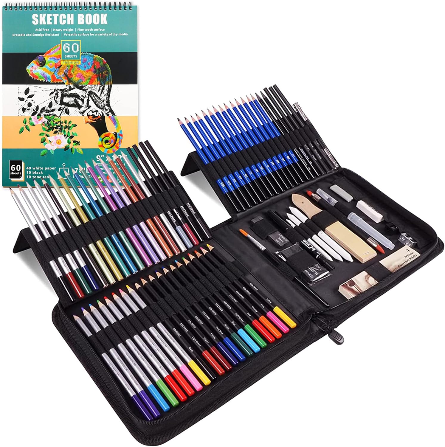 Buy Coestai Sketching Drawing Kit Set 84-Piece and 100 Sheet Sketchbook ...