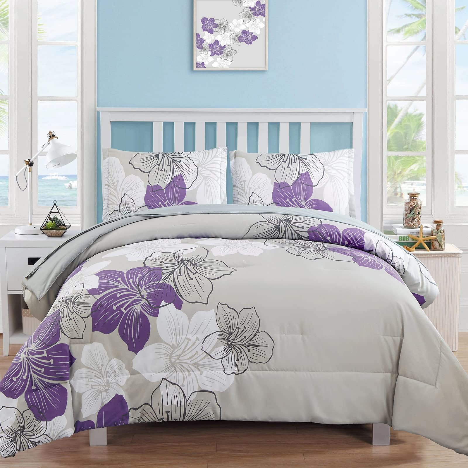 Amazon.com: GrandLinen 8 - Piece Grey, Purple, Dark Purple floral ...