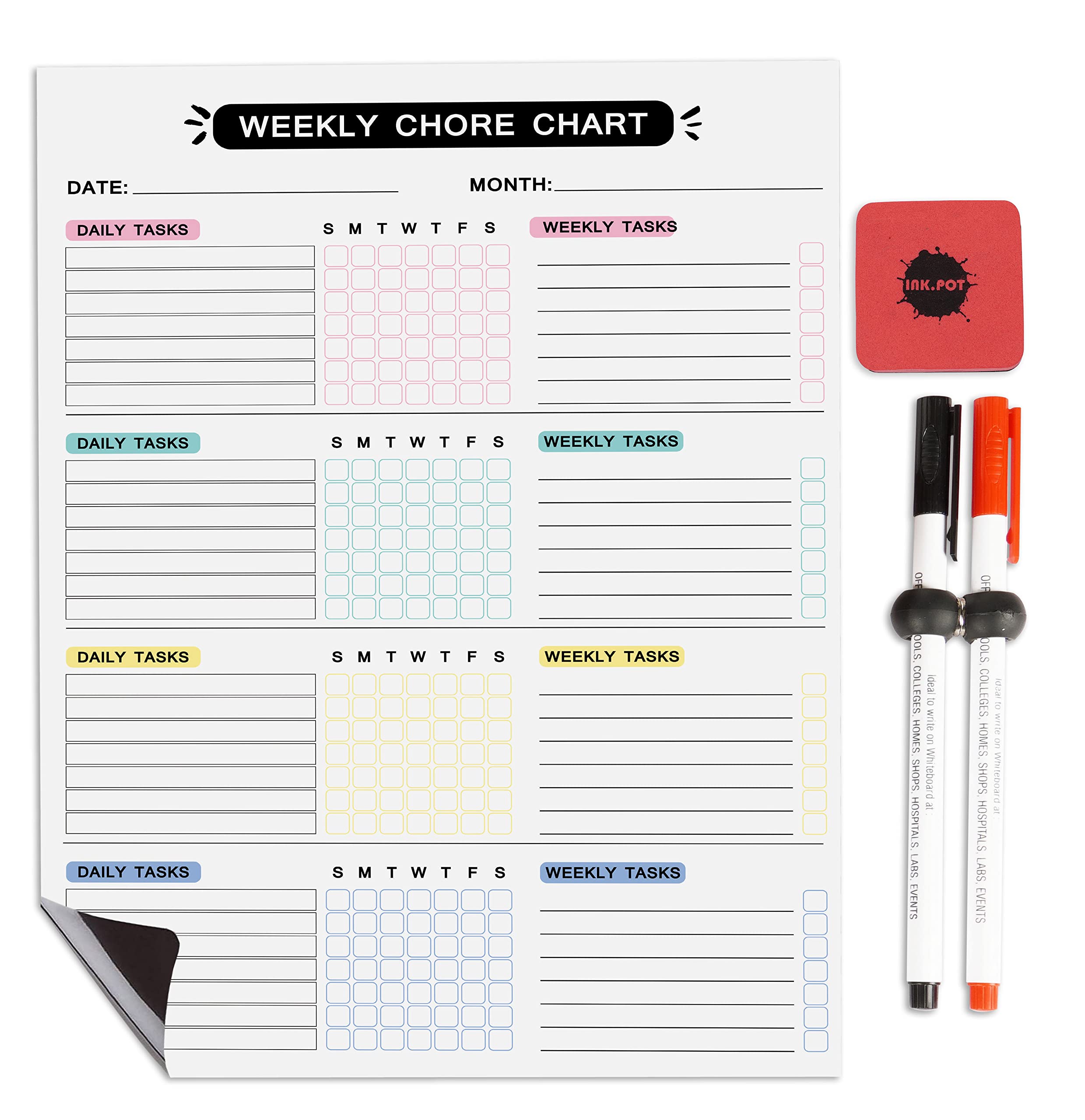Buy Inkdotpot Magnetic Whiteboard Weekly Chores Charts Chore Chart for ...