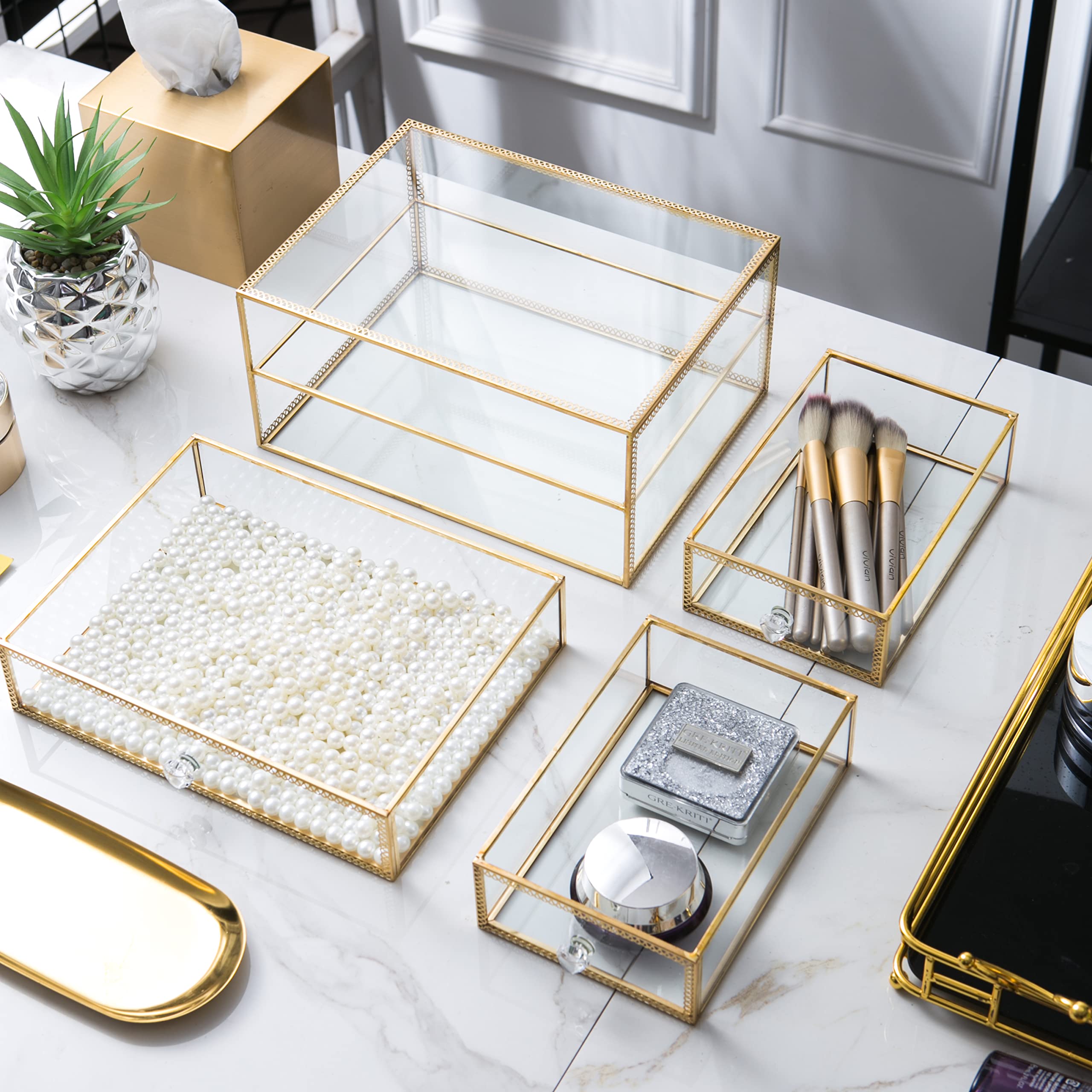 Vellon Gold Glass Box Makeup Organizer, Glass Jewelry Box Drawer ...
