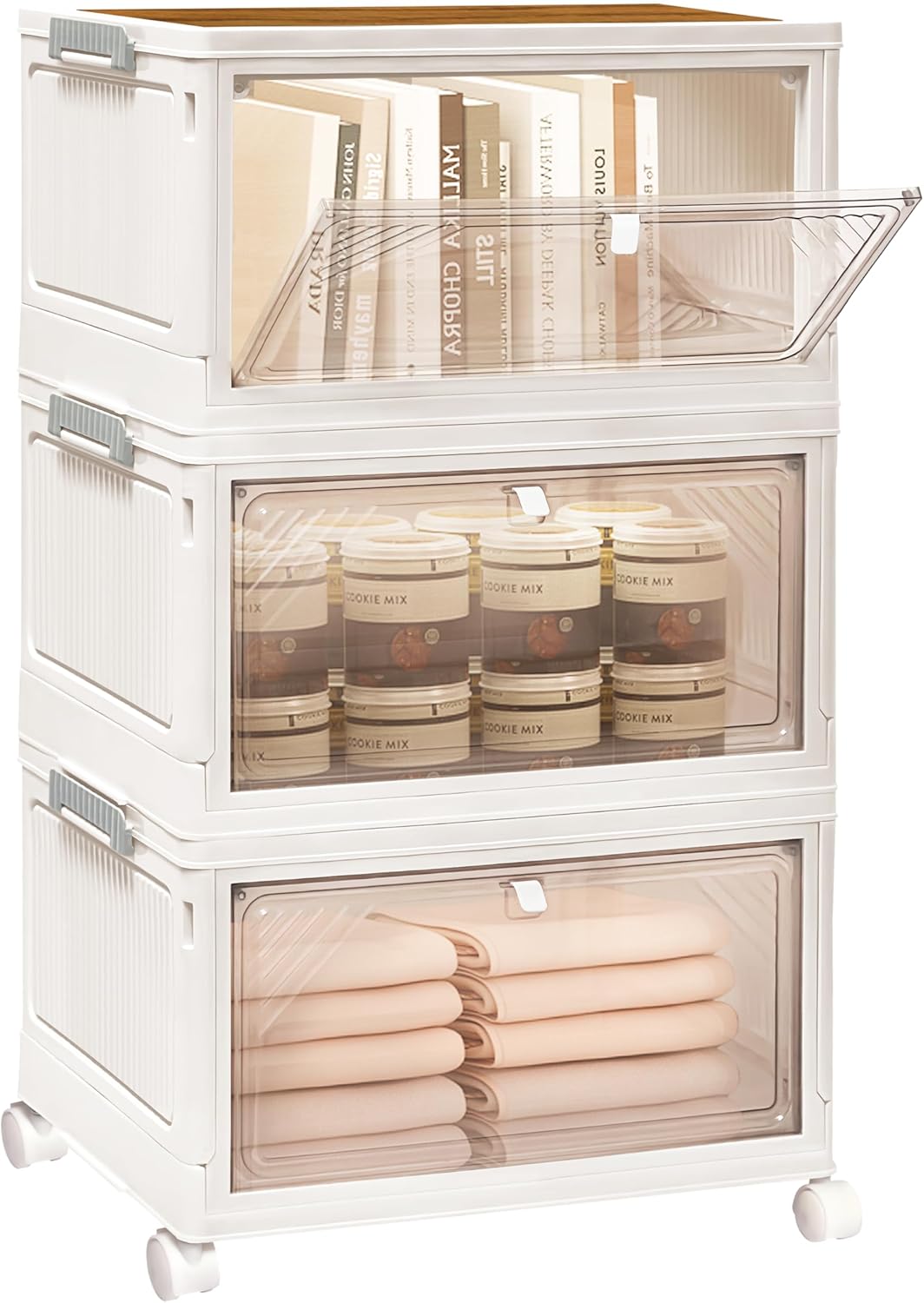 23QT Plastic Stackable Storage Drawers, 3 Tiers Collapsible Bins With ...