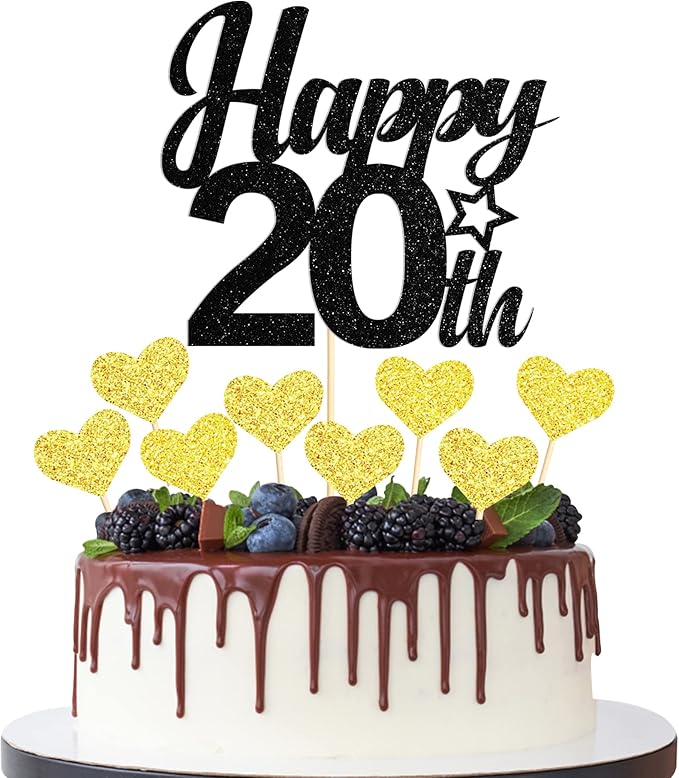 Bolatu Black Glitter Happy 20th Birthday Cake Topper, 8 pcs Gold ...