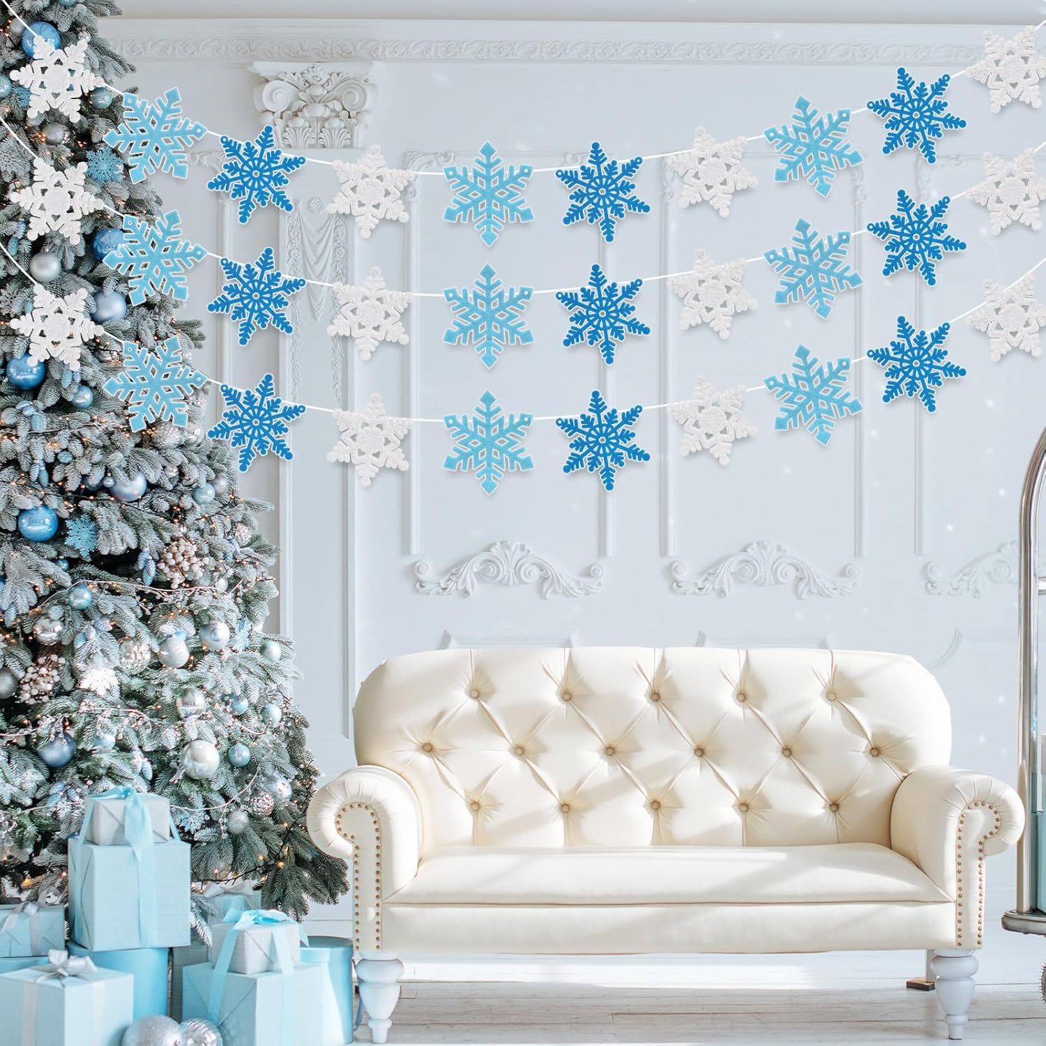 Whaline Guirnalda de fieltro de copo de nieve, guirnalda de copos de ...