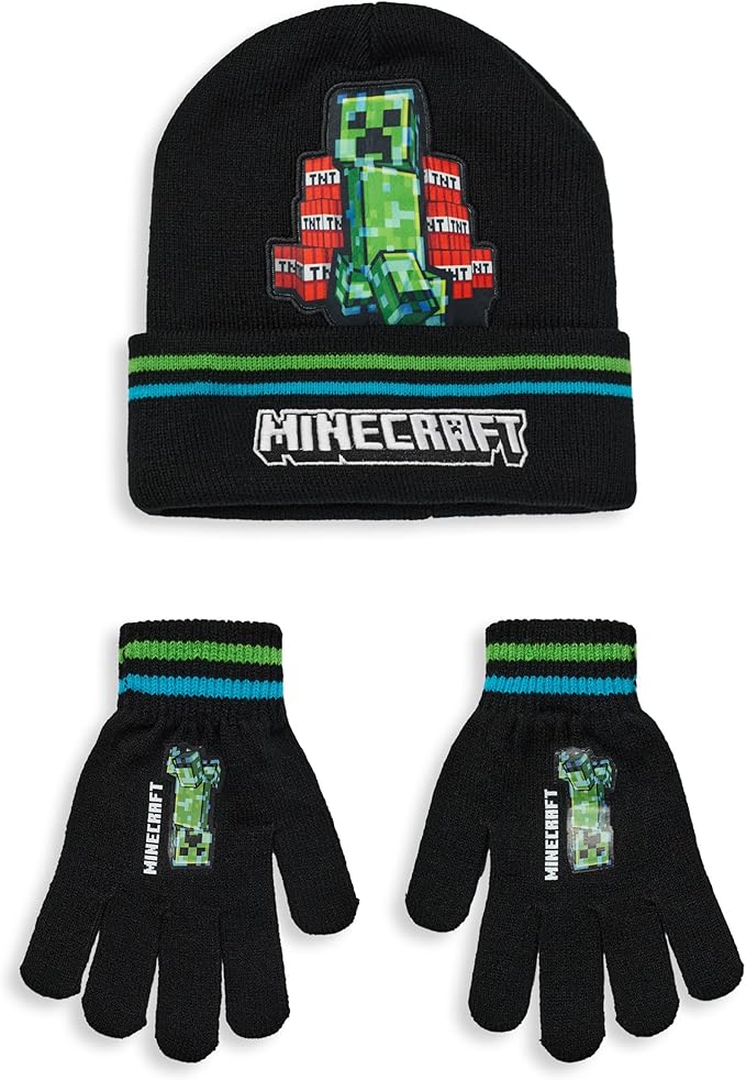 Amazon.com: Minecraft Boys Beanie & Gloves Set | Gamer Kids TNT Creeper ...