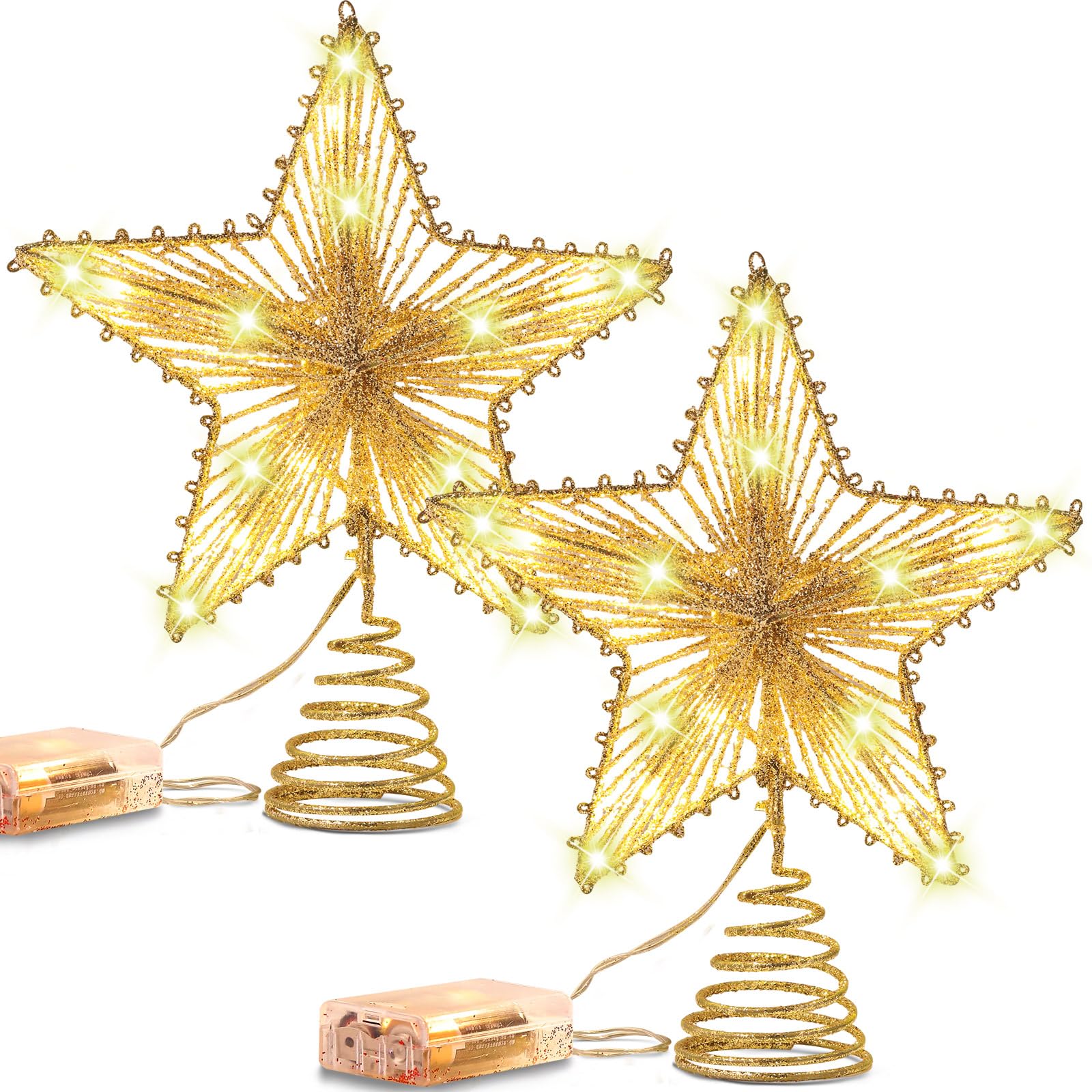 Amazon.com: Riakrum 2 Pack Christmas Glitter Star Tree Topper 10 Light ...