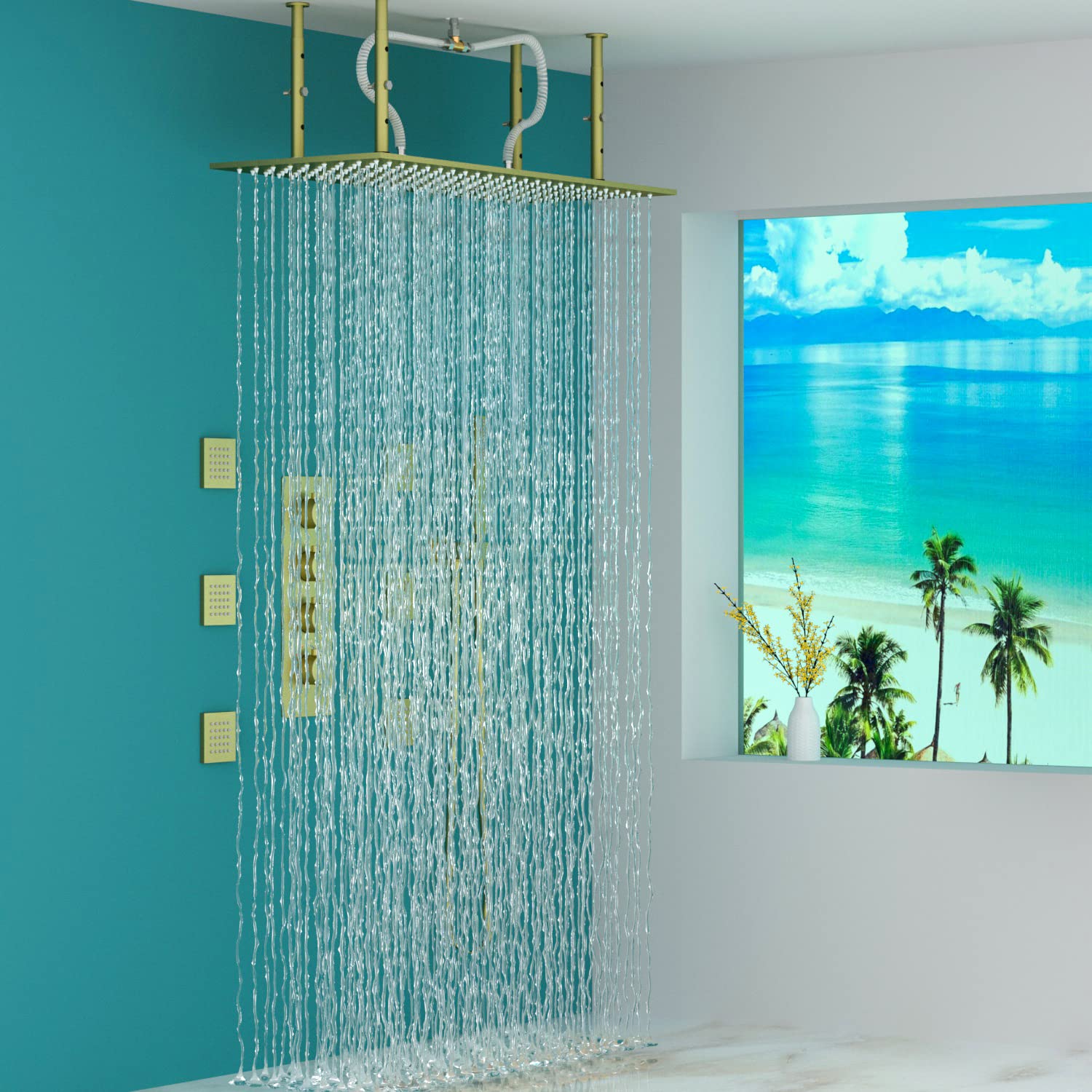 Brushed Gold Thermostatic Rainfall Shower System with Body Jets ...
