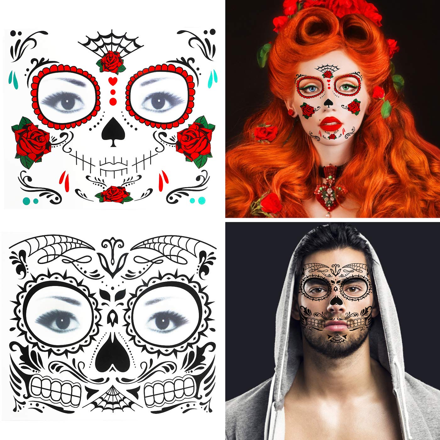 12 Pack Day of the Dead Face Tattoos, Sugar Skull Makeup Kit, Temporary ...