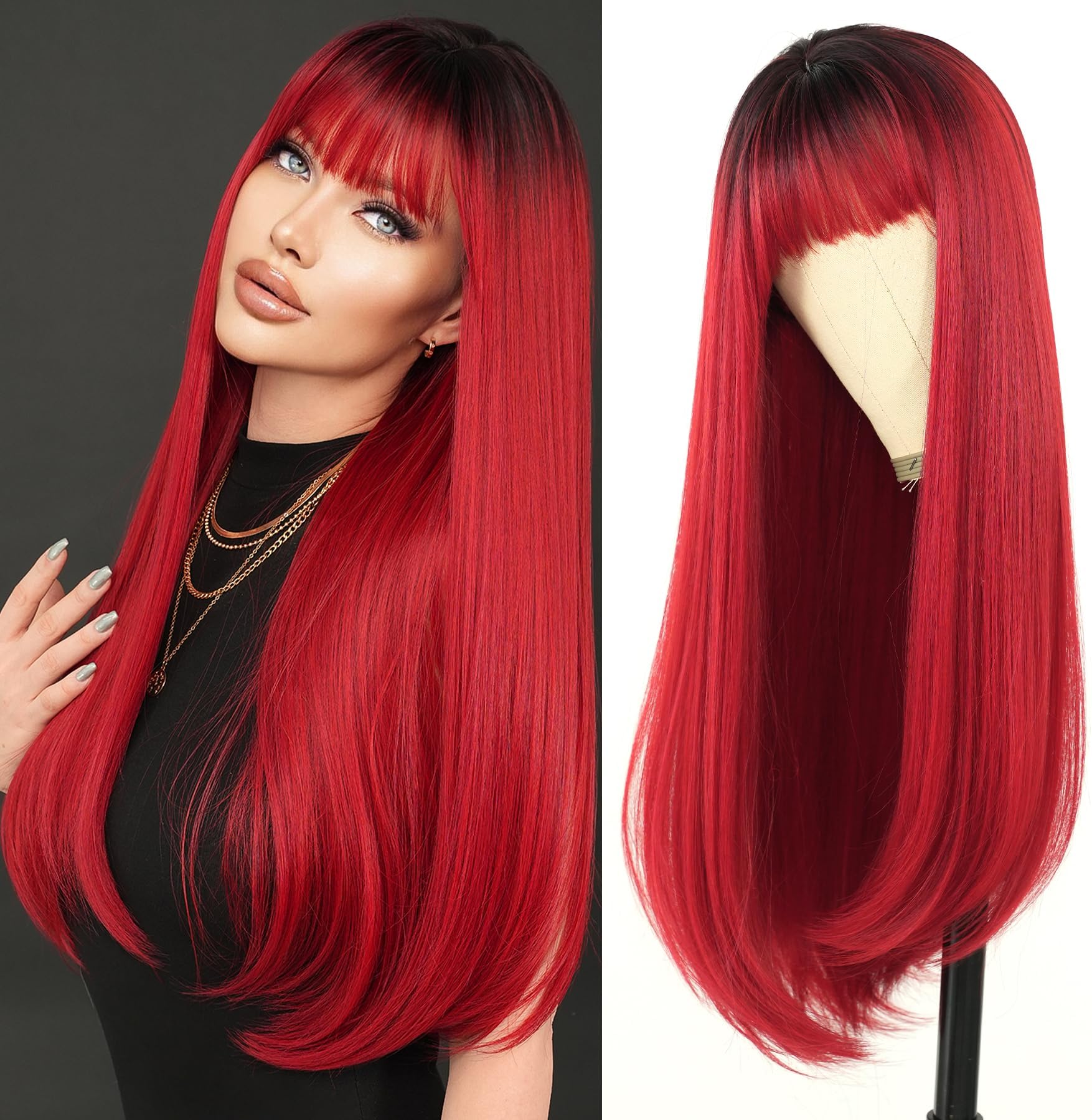 Amazon.com : 7JHH WIGS Long Straight Dark Red Wig with Bangs 28in Red ...