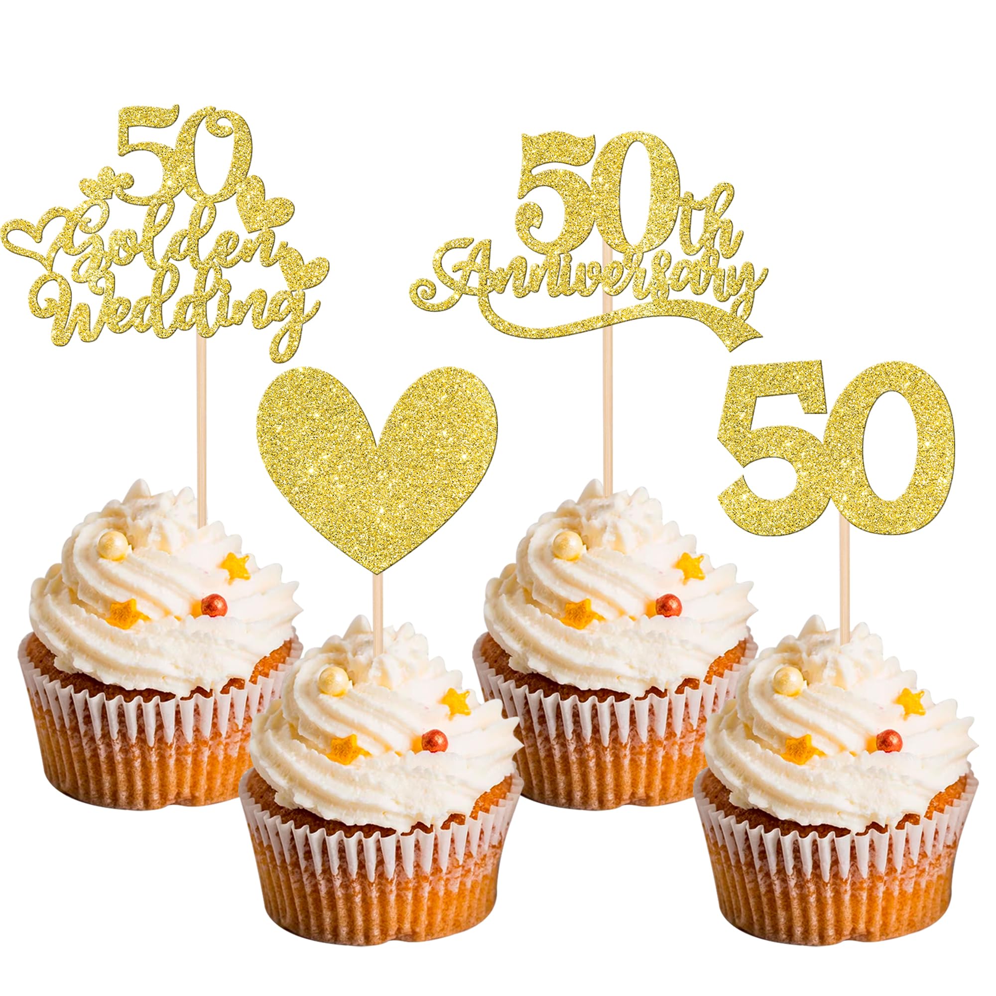 Amazon.com: 24 PCS 50th Anniversary Cupcake Toppers Gold Glitter Heart ...