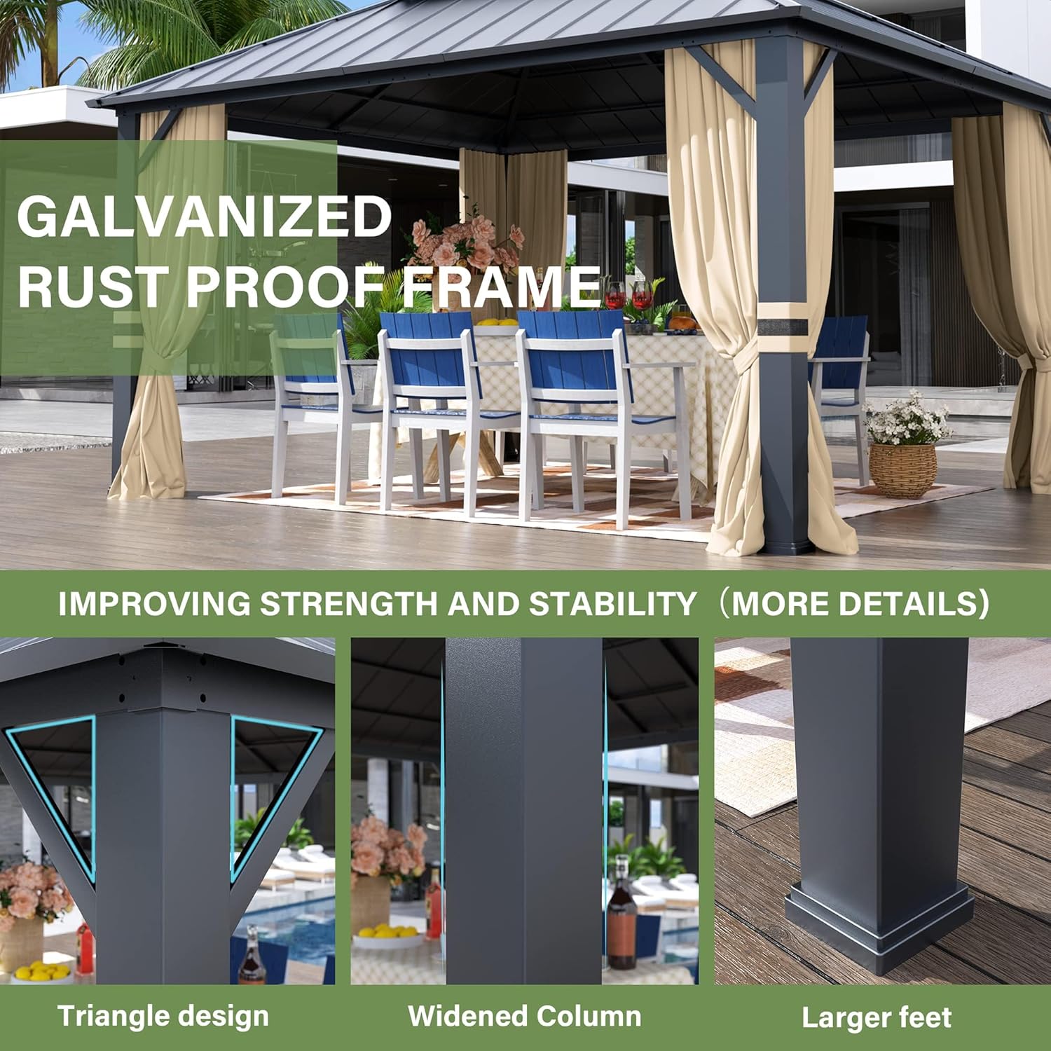 Gazebo de techo rígido de 12 x 14 pies, glorieta de techo doble de ...