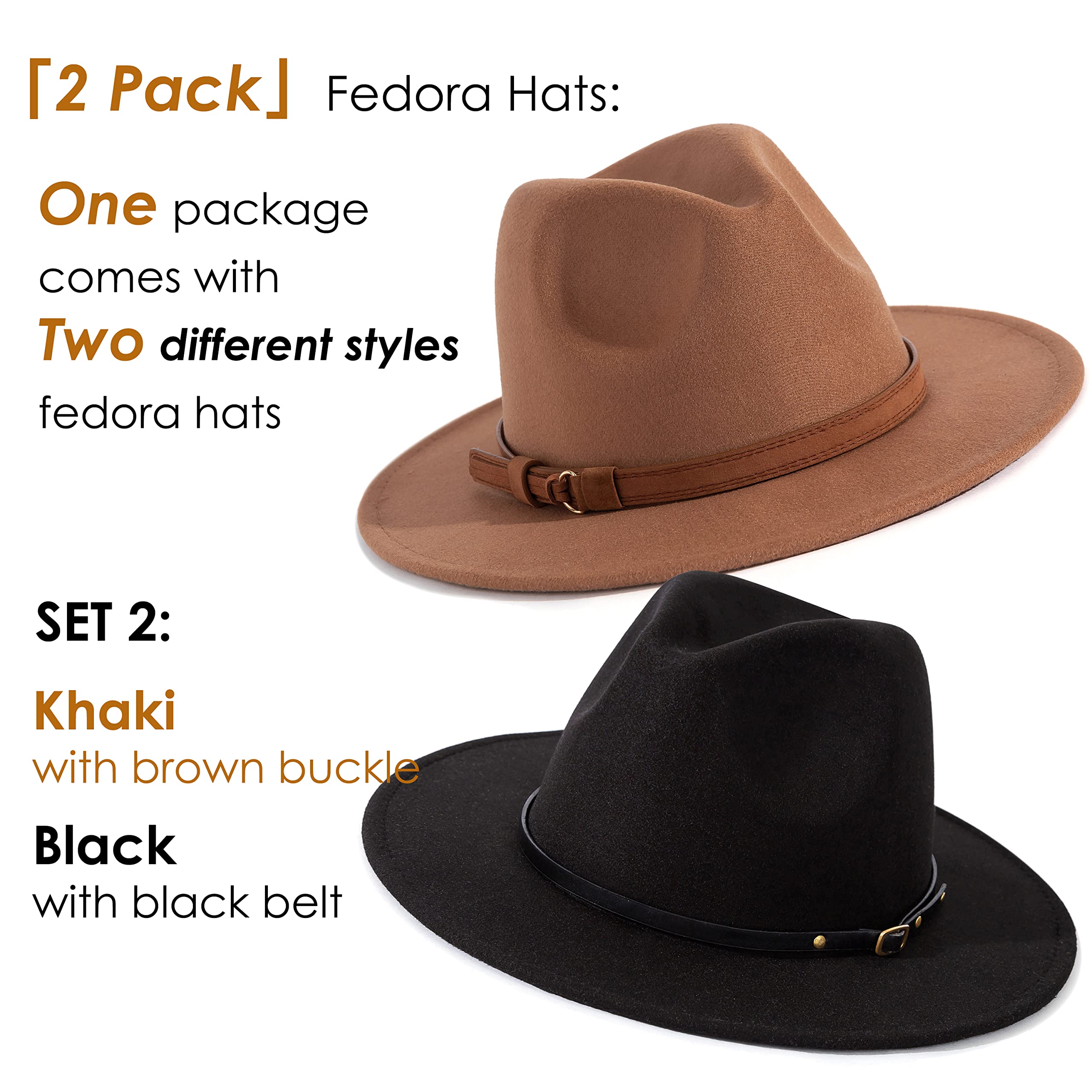 Snapklik.com : 2 Pack Women & Men Classic Wide Brim Belt Buckle Fedora Hat Set 2