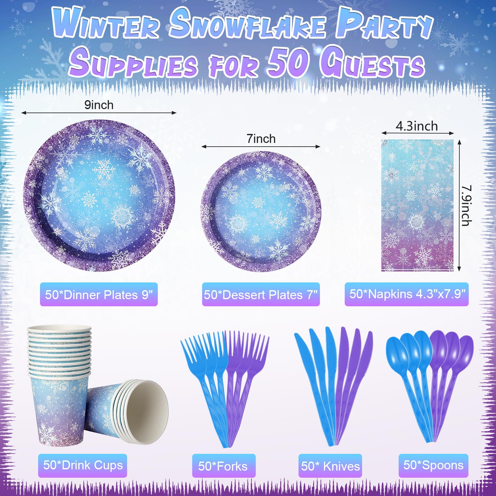 Winter Snowflake Paper Plates and Napkins Set, Blue and Purple ...