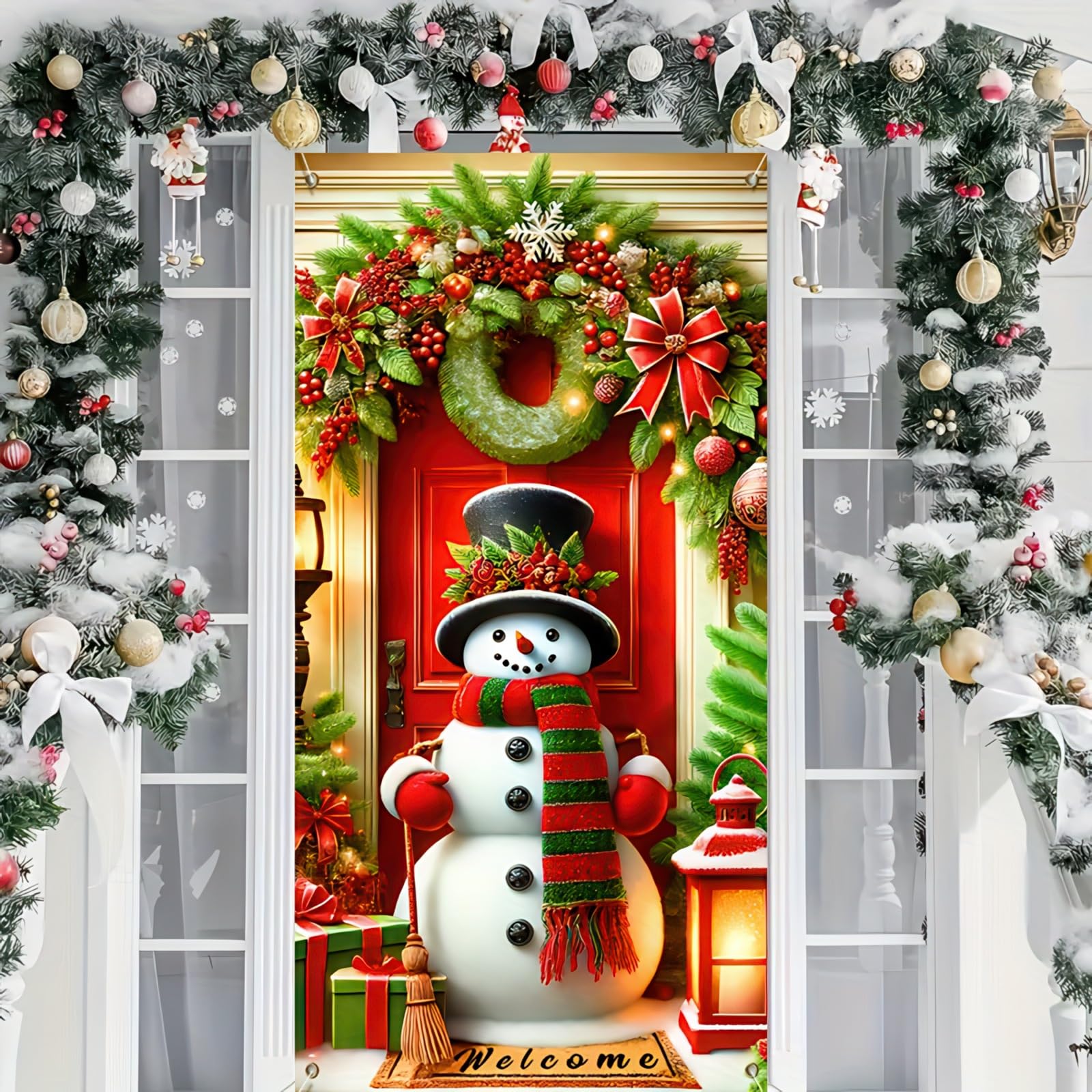 Amazon.com: Christmas Snowman Door Cover Decorations Christmas Front Door Banner Backdrop Xmas ...