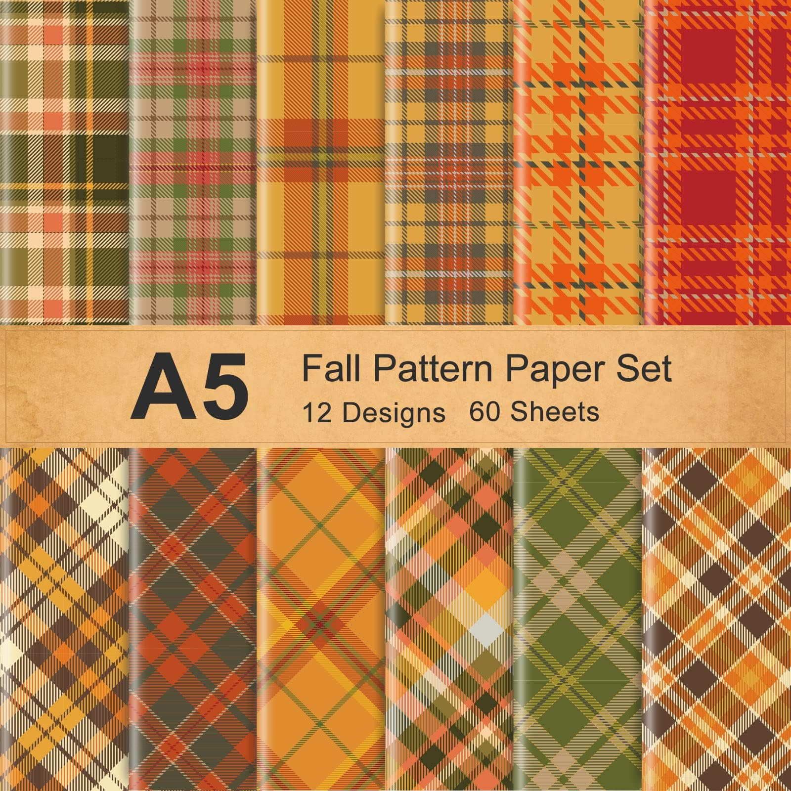 Amazon.com: Whaline 60 Sheets Fall Plaid Pattern Paper A5 Size Double ...
