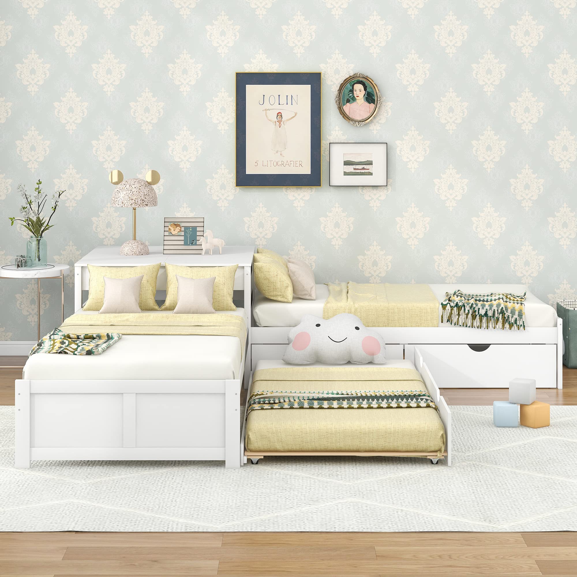 MOEO Twin Size L-Shaped Platform Bed with Trundle and Drawers Linked w ...