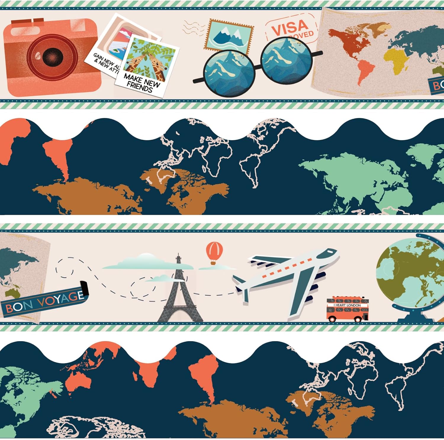 Whaline 70.8Ft Let's Explore World Map Bulletin Board Borders Travel ...