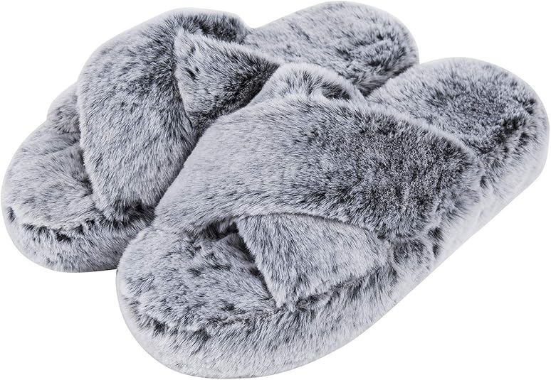 Amazon.com | DL Fluffy Women's House Slippers with Cross-Band, Open Toe ...