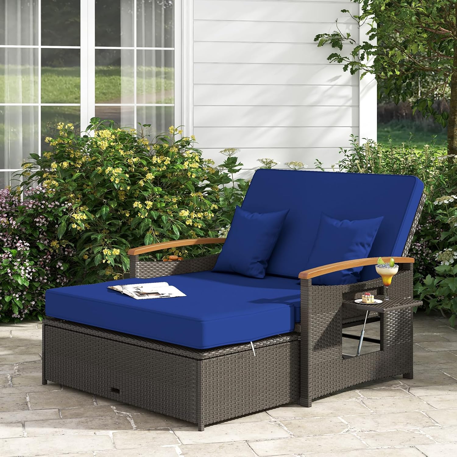 Amazon.com : COSTWAY Patio Rattan Daybed, Outdoor Loveseat Sofa with ...
