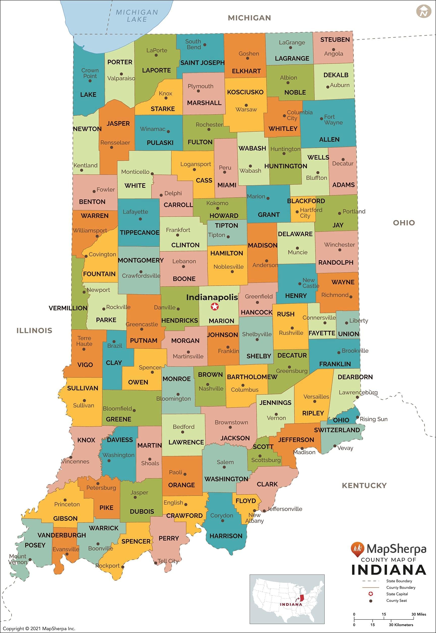 Amazon.com : Indiana Counties Map - Standard - 36" x 52.25" Laminated ...