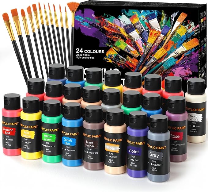 Amazon.com: Acrylic Paint Set 24 Colors(2oz /60ml) with 12 Brushes,Rich ...