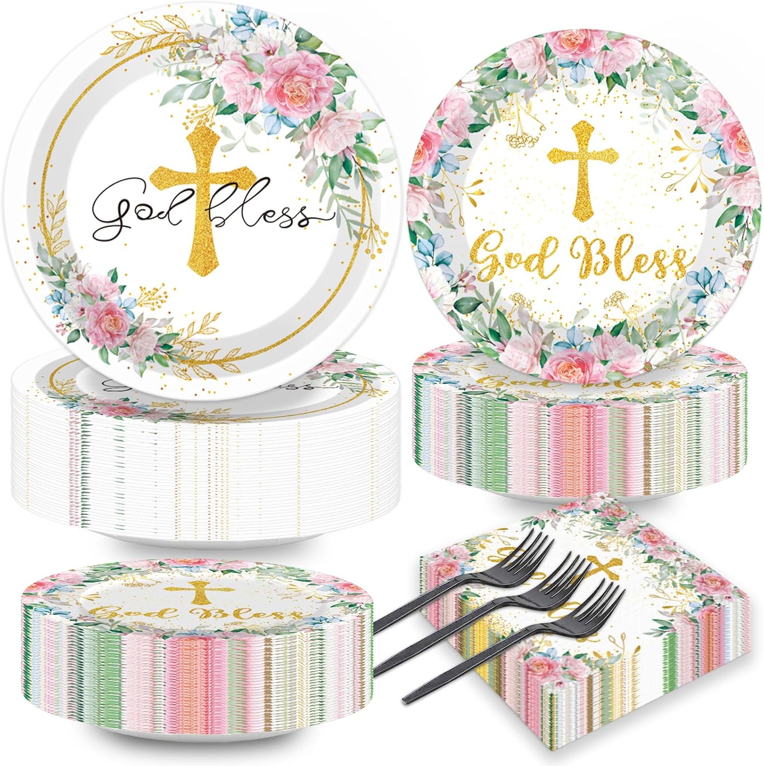 Amazon.com: Baptism Plates Napkins God Bless Flower Tableware First ...