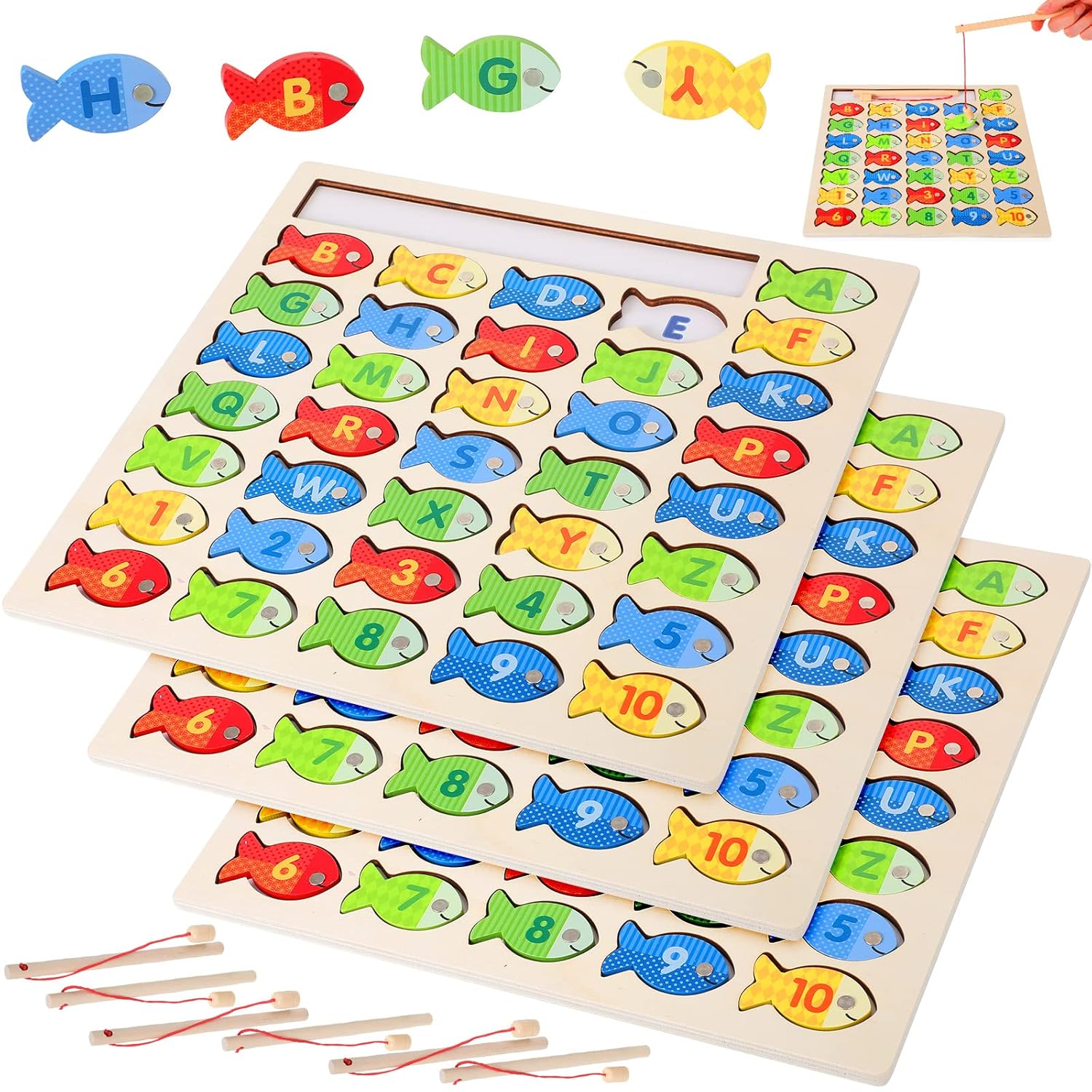 3 Pcs Magnetic Wooden Fishing Game Preschool Toys Alphabet Numbers Fish ...
