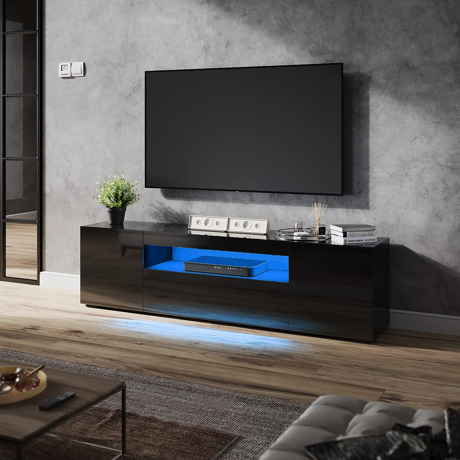 ELEGANT 180cm LED TV Unit Black Gloss Modern TV Stand Cabinet with ...