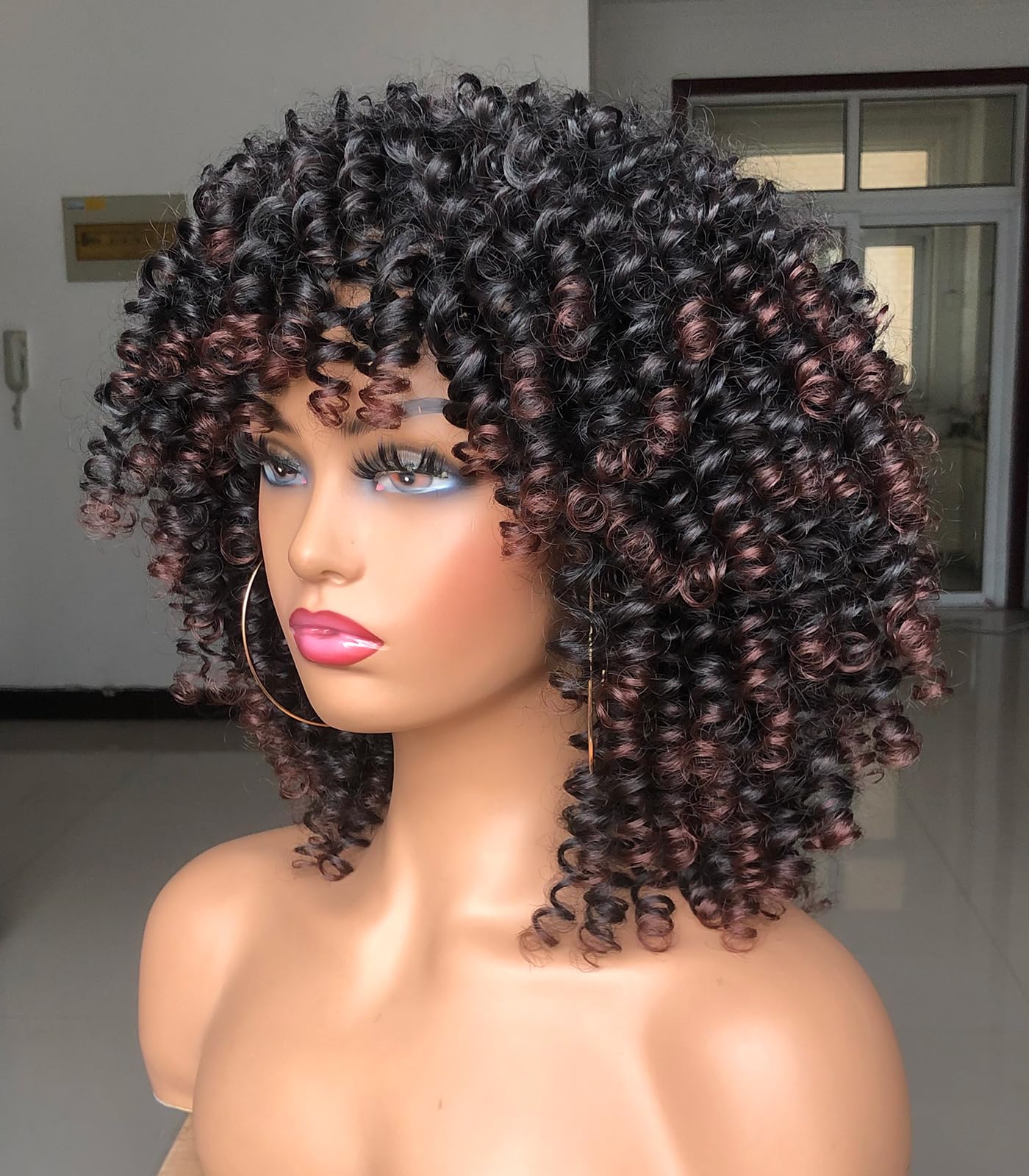 ISAMY Curly Afro Wig with Bangs Short Kinky Curly Wigs for Black Women ...