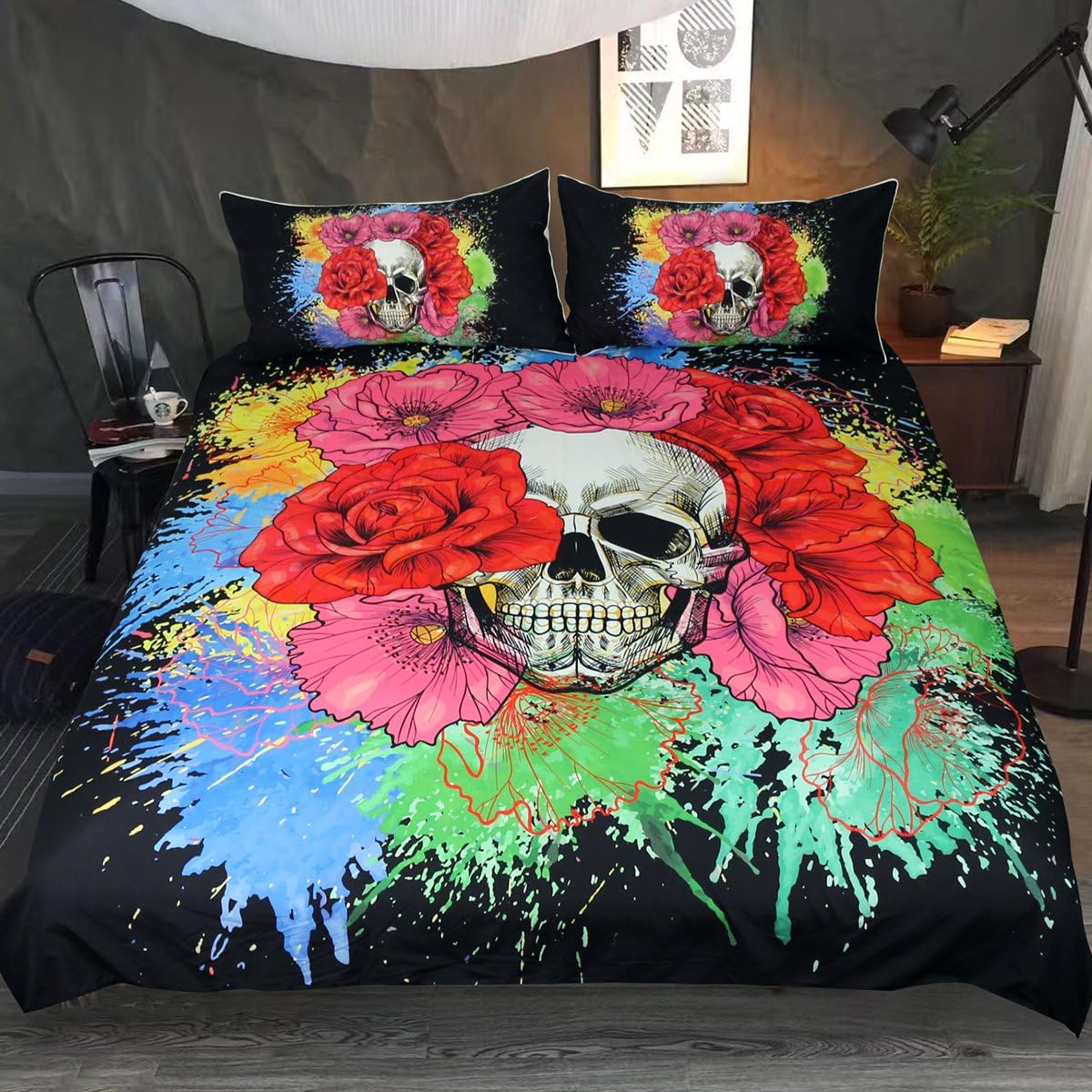 Amazon.com: Sleepwish 3 Piece Flower Skull Bedding Rainbow Color Splash ...