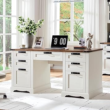 Amazon.com: RedLemon 60" Farmhouse Executive Desk with Drawers, Wood ...