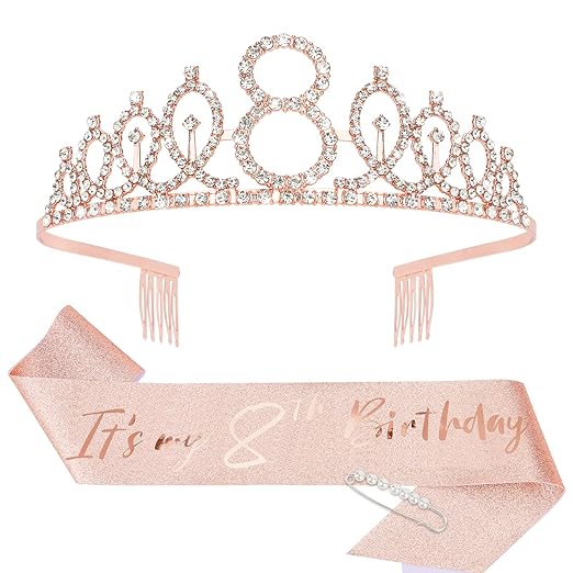 Amazon.com : CIEHER 8th Birthday Crown + 8th Birthday Sash + Pearl Pin ...