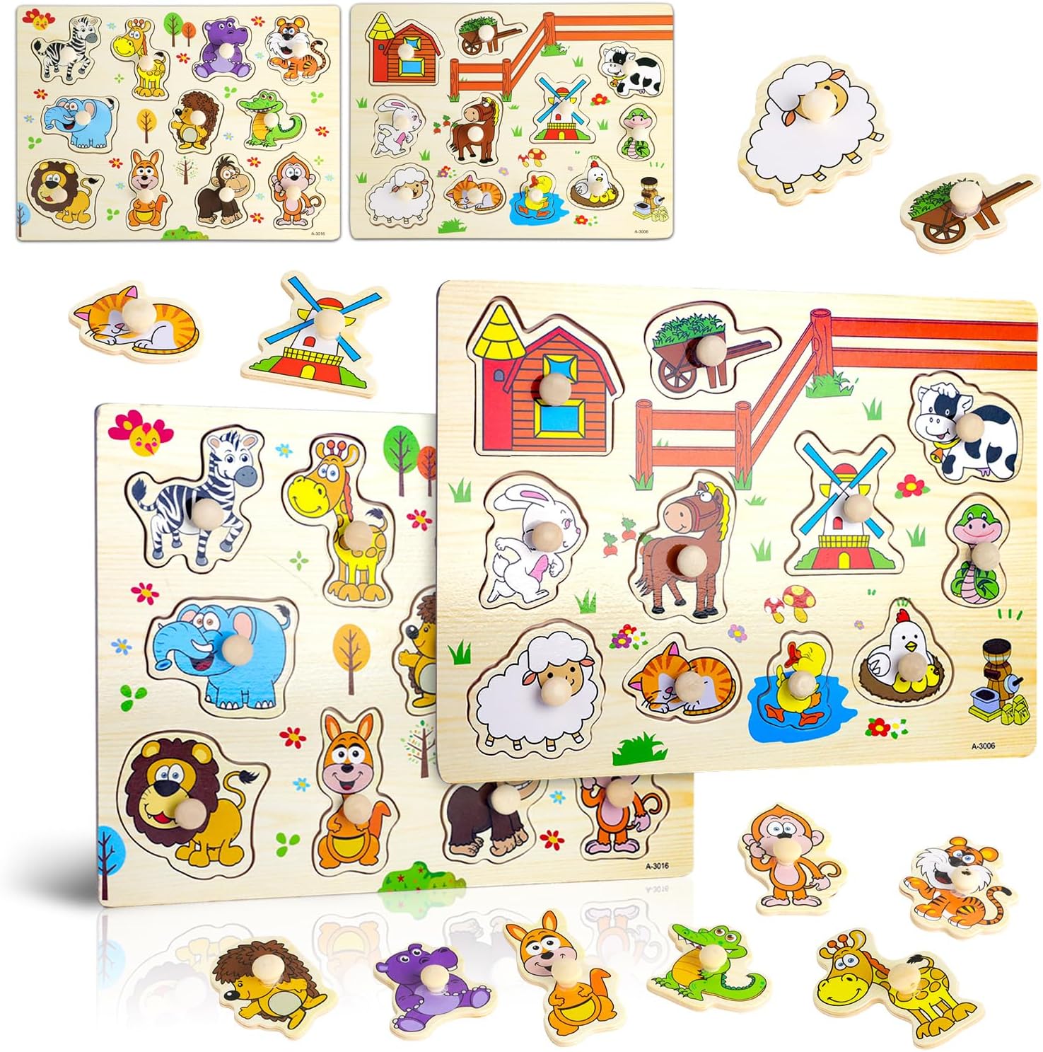 Dncvb 2 Pack Wooden Puzzles, Peg Puzzle for 1 Year Old, Learning Kids ...