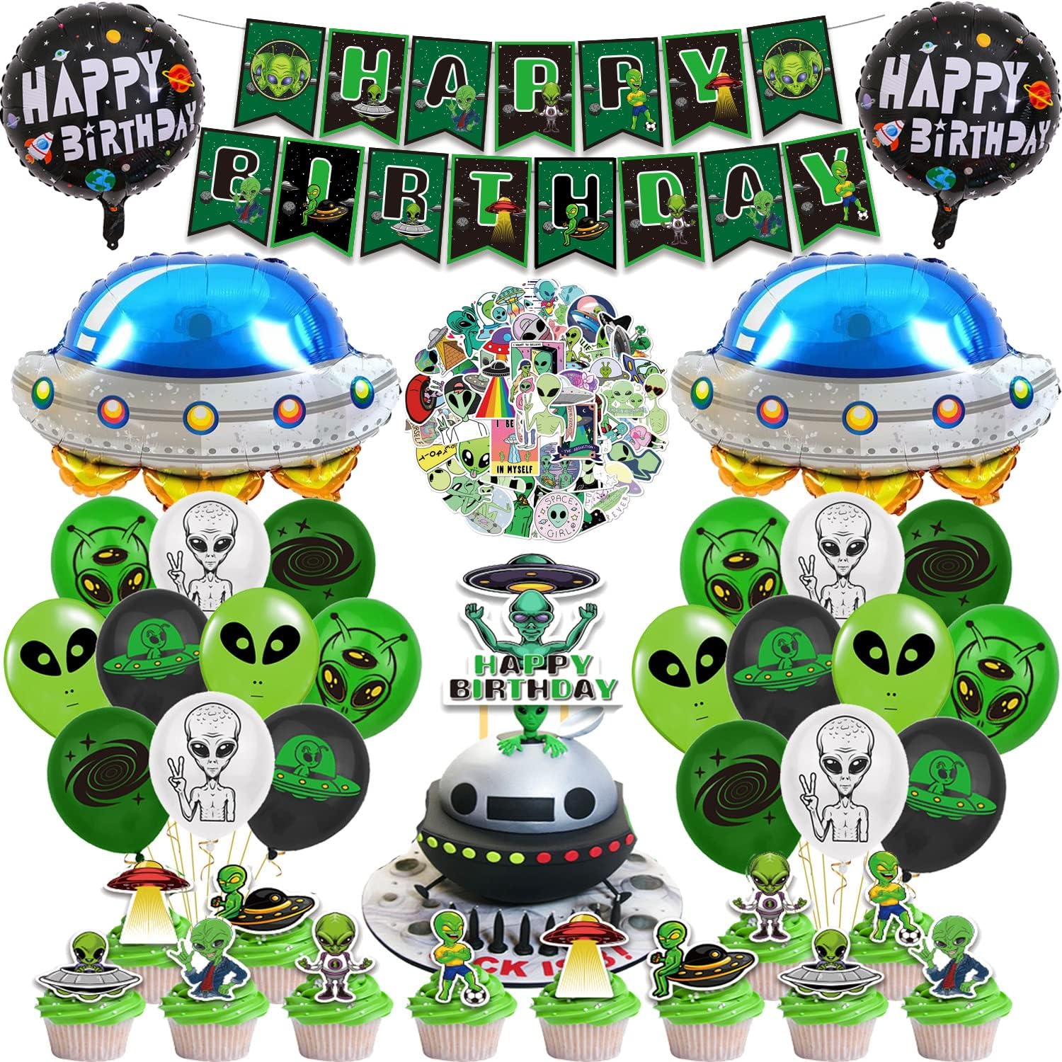 Amazon.com: Green Alien Theme Happy Birthday Party Supplies Include ...