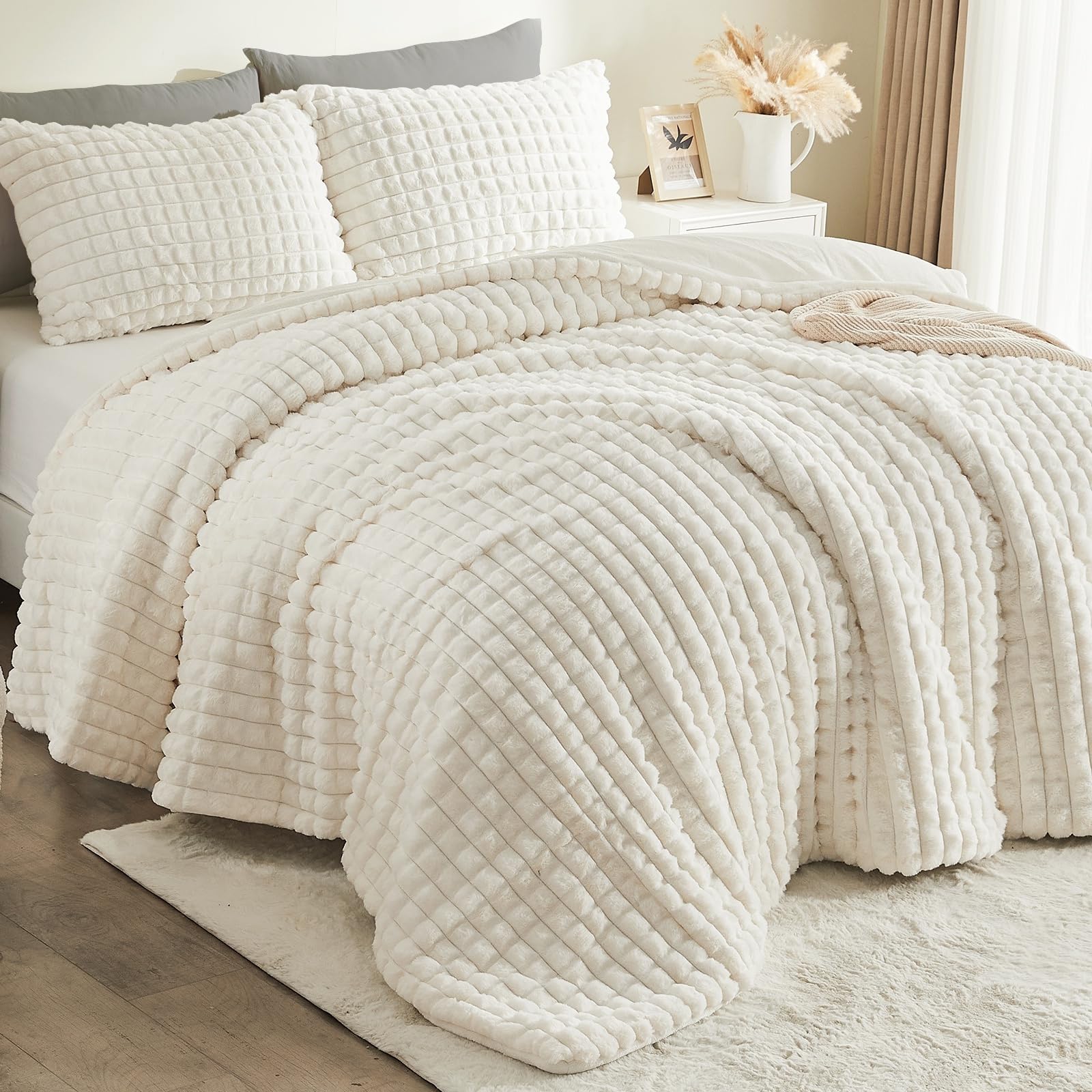 Amazon.com: ENJOHOS Cream White Fluffy Comforter Queen Set, 3PC Super ...
