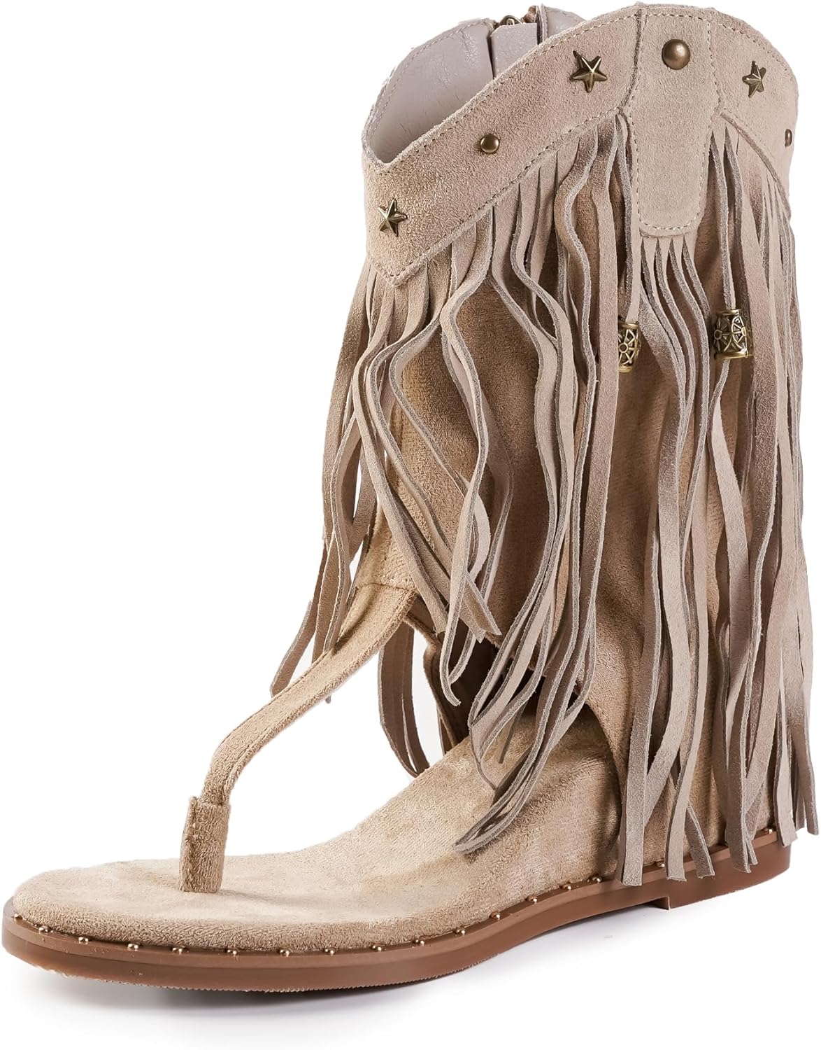 Amazon.com | ATBELL Women's Bohemian Tassel Gladiator Sandals Beige Suede Thong Flip Flops for ...