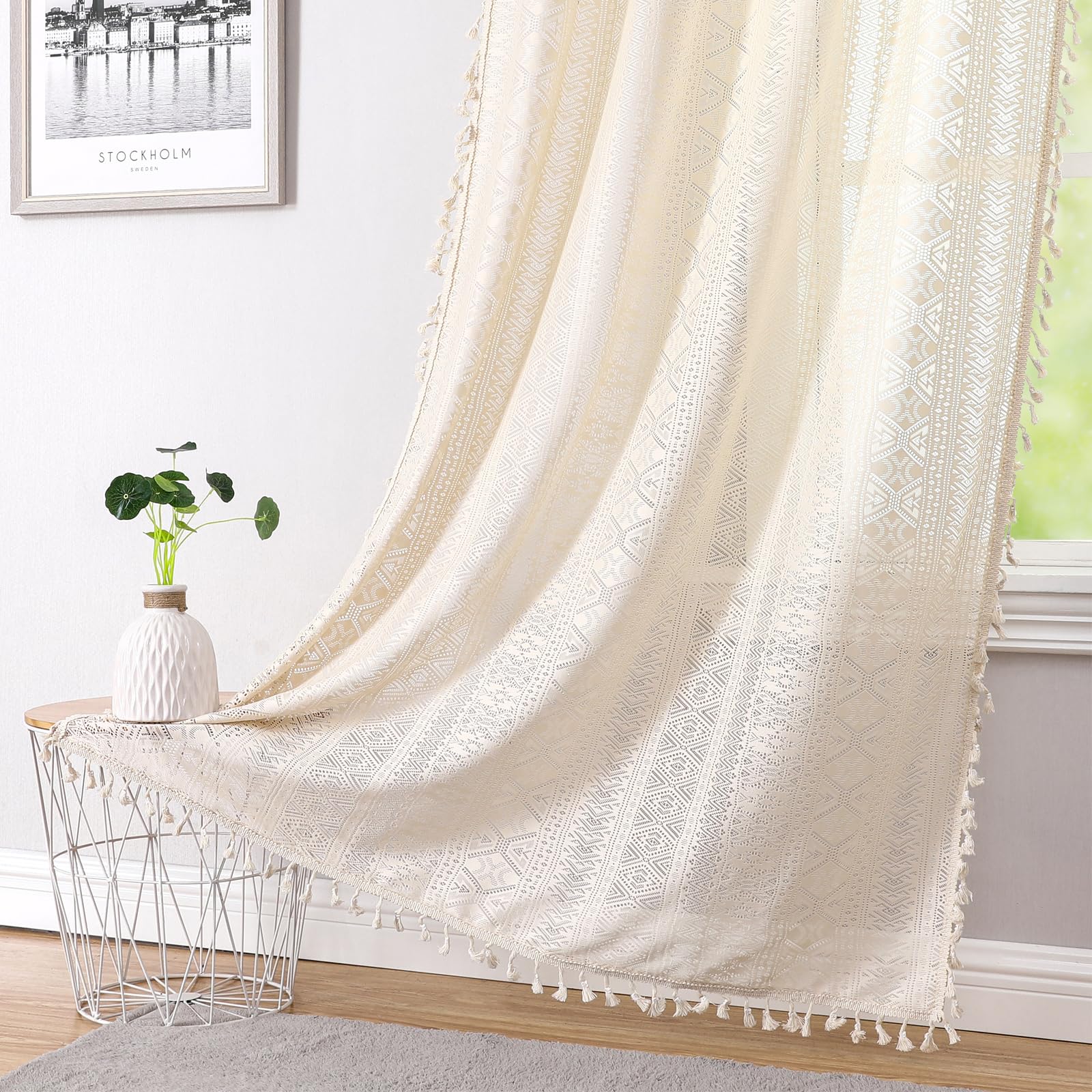 Amazon.com: Ronaldecor Beige Boho Linen Textured Tassel Sheer Lace ...