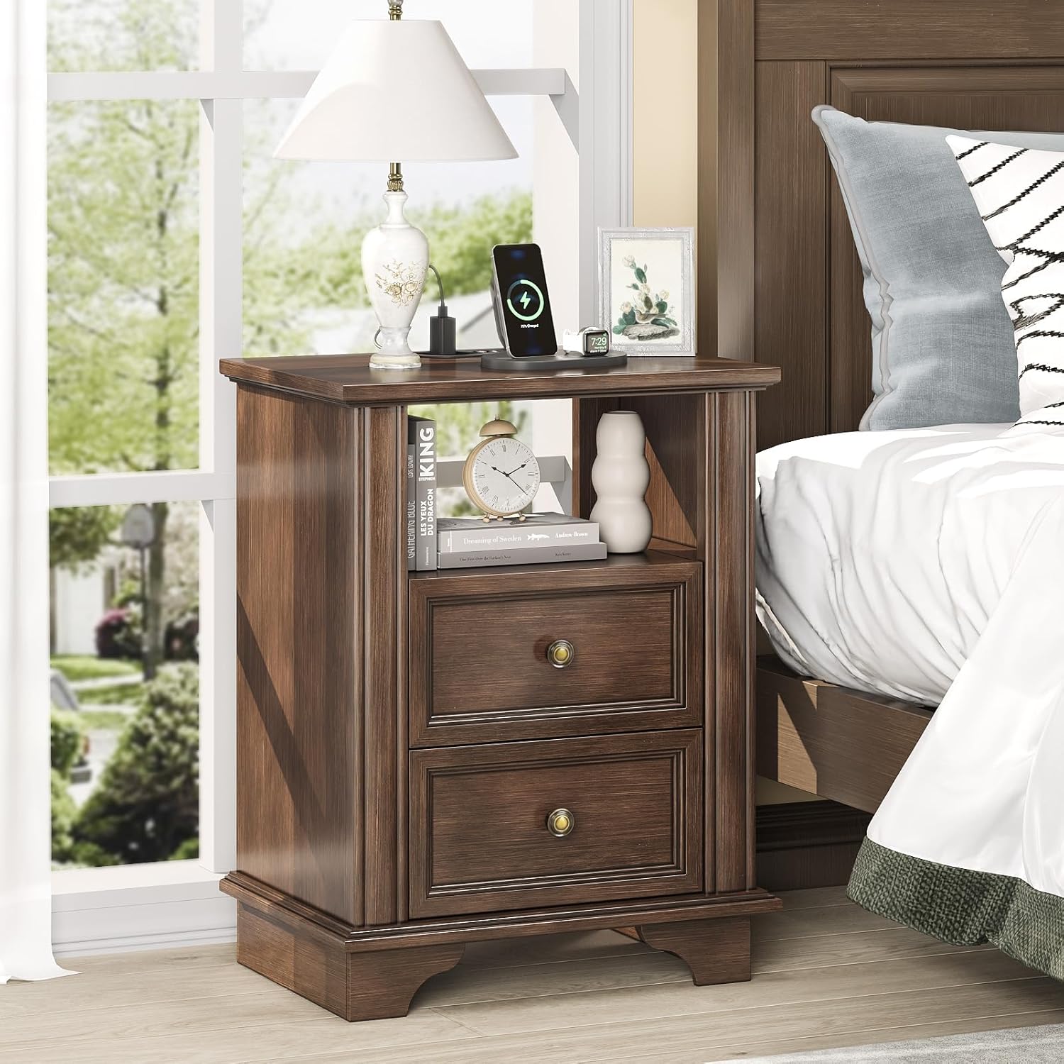 Amazon.com: VINGLI 19.7" Nightstand with Charging Station, Wood ...