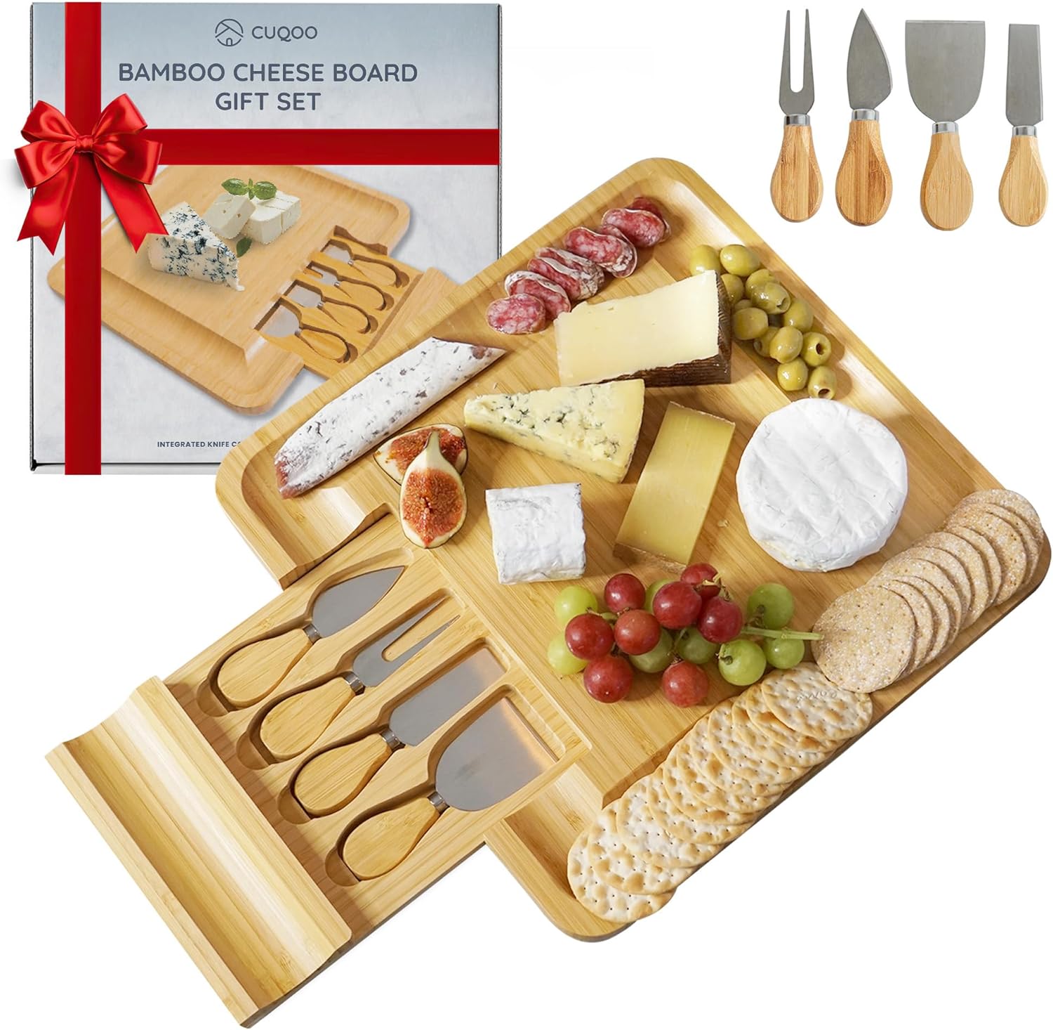 CUQOO Bamboo Cheese Board Set with Drawer & 4 Knives – Large Wooden ...