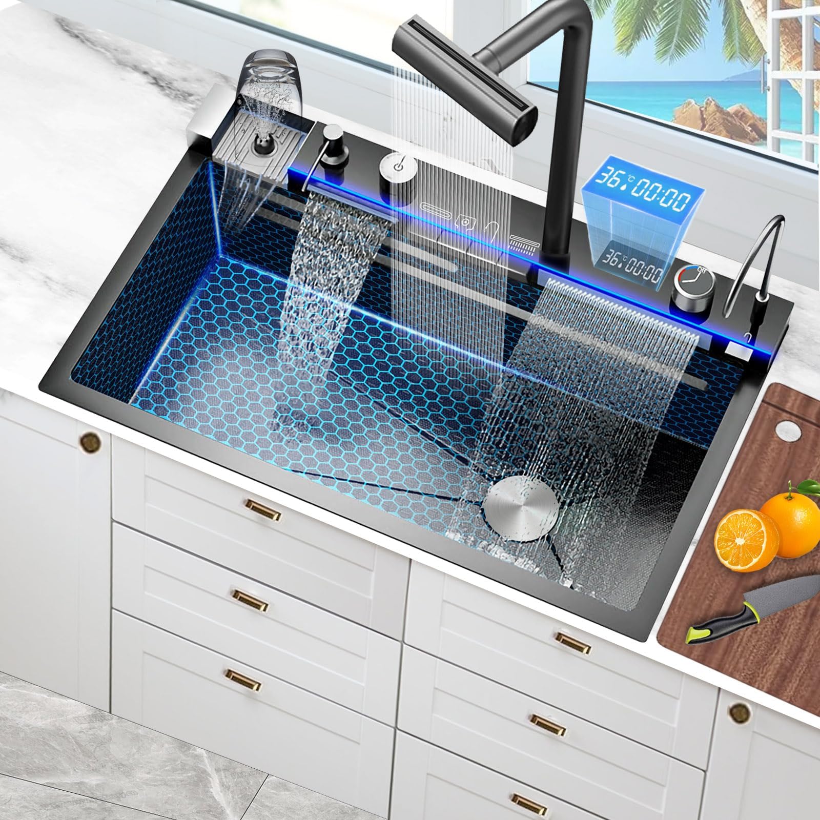 Black Smart Waterfall Kitchen Sink 31.5" Drop-In Workstation - 304 ...