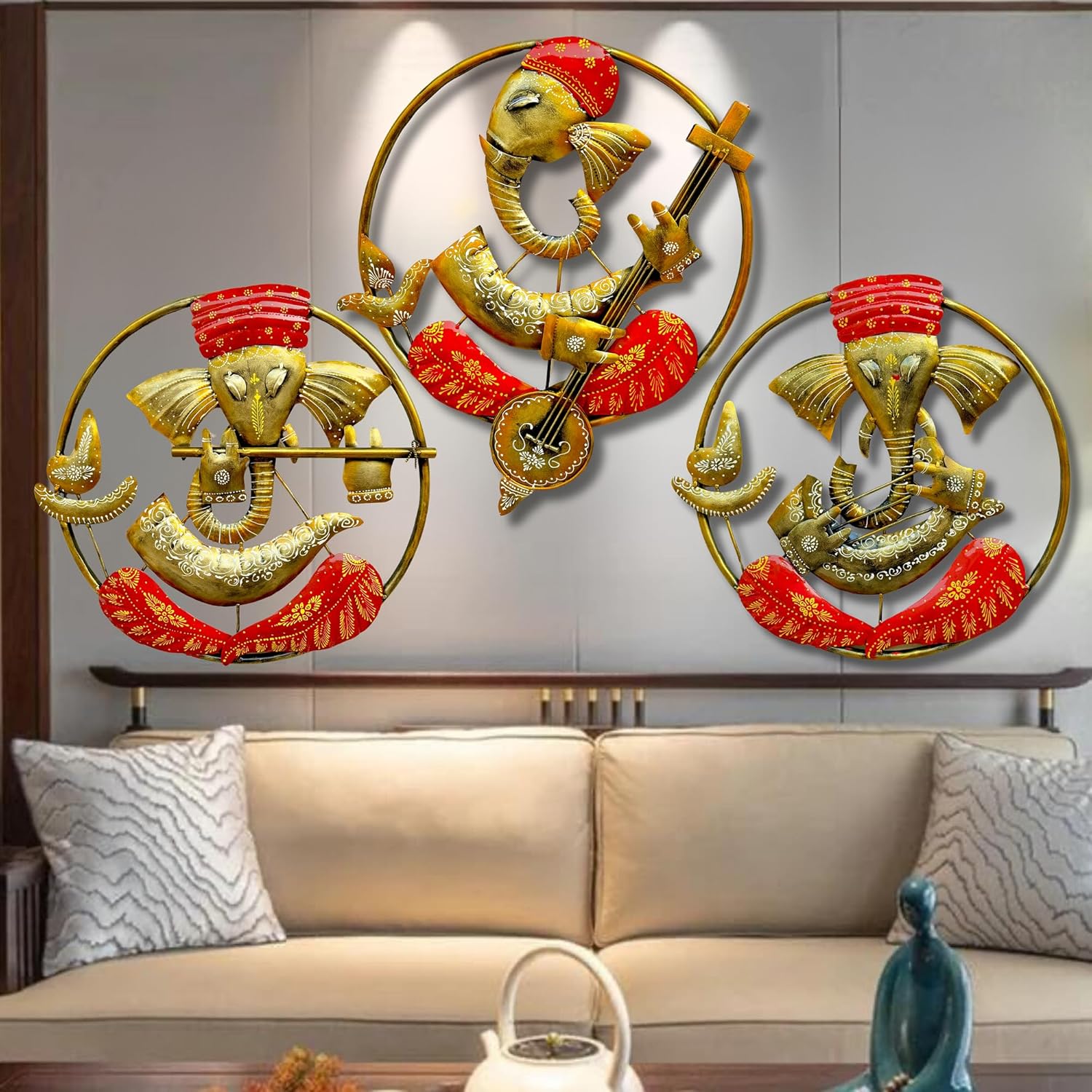 ZXC Metal Wrought Iron Lord Ganesha Playing Instruments Wall Hanging Sculpture Decorative ...