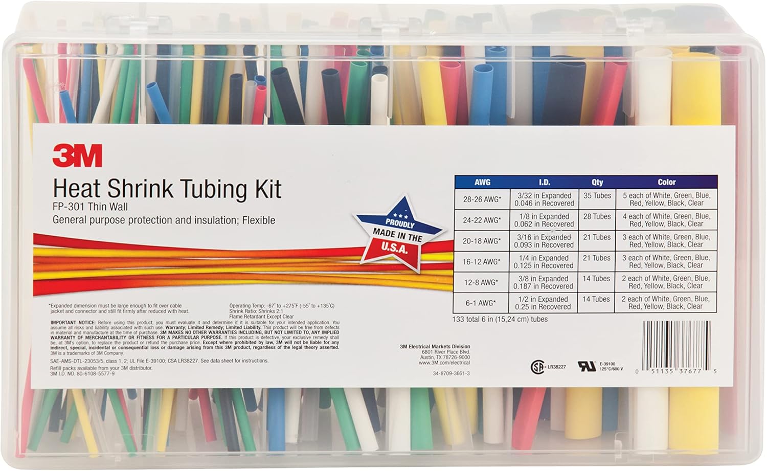 3M EMD Heat Shrink Tubing FP-301-Color Assortment Kit, 1 Kit with 133 ...