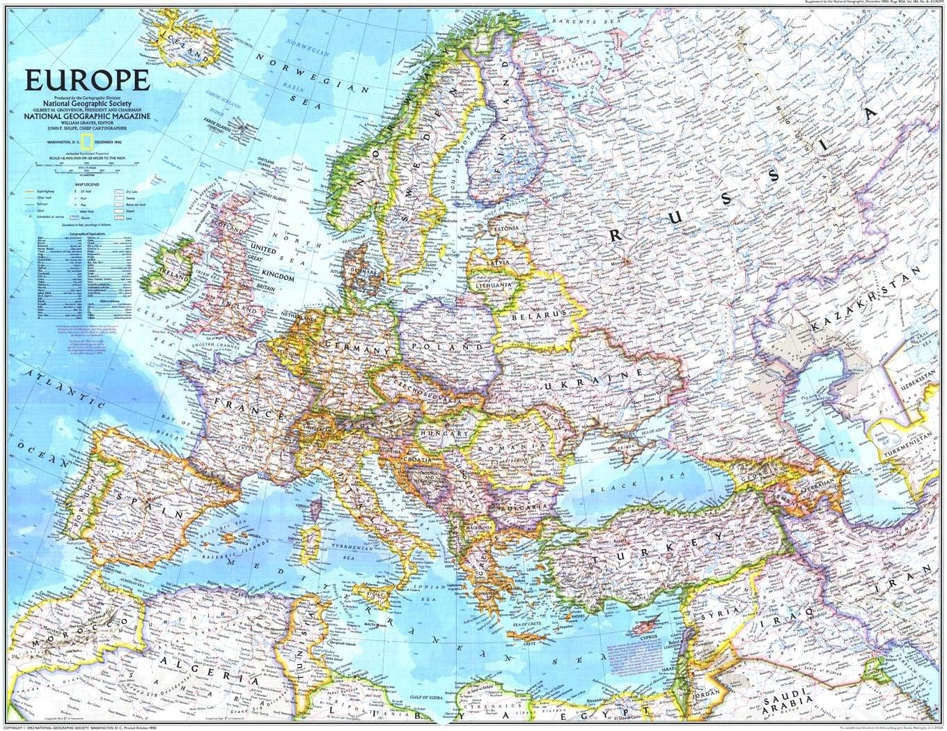Amazon.com : National Geographic: Europe 1992 - Historic Wall Map ...