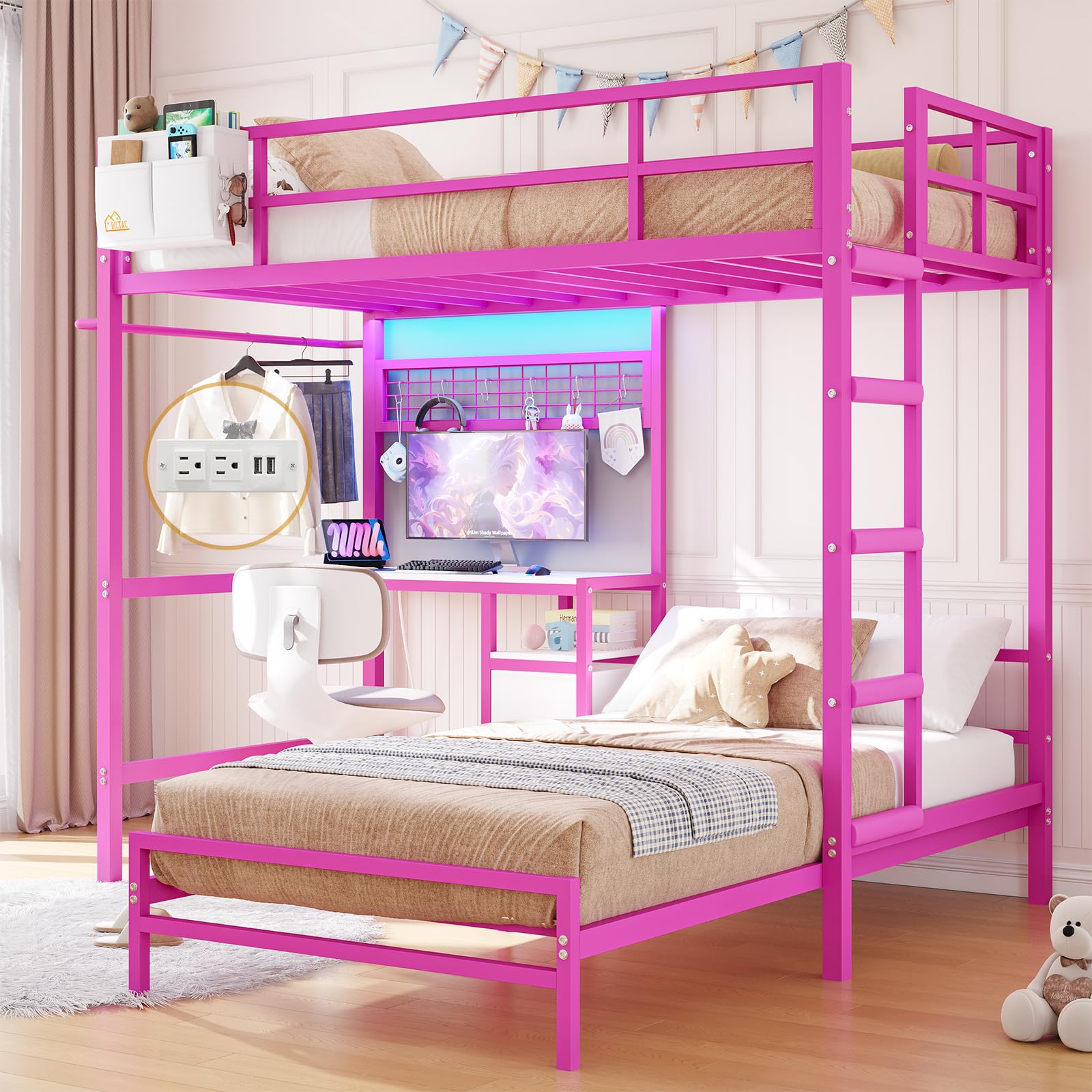 Amazon.com: DICTAC Bunk Bed with Desk and Charging Station Metal Loft ...