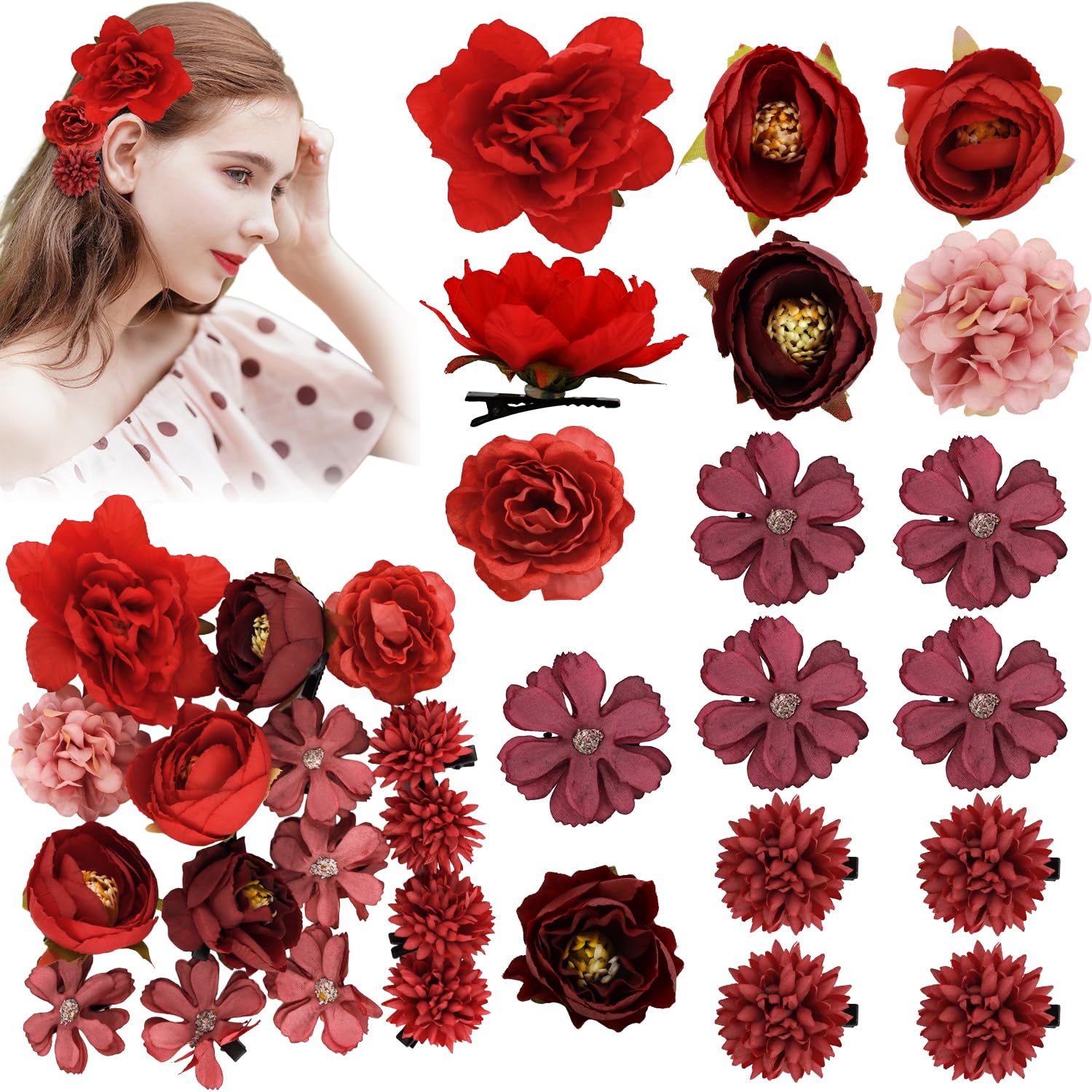 Amazon.com : Atoden Red Flower Hair Clips Hawaiian Realistic Bohemian ...
