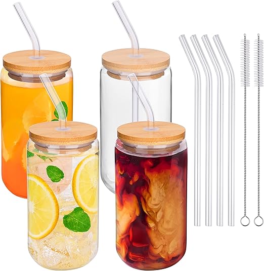 Amazon.com: Glass Cups With Lids And Straws - 16oz Drinking Glasses ...