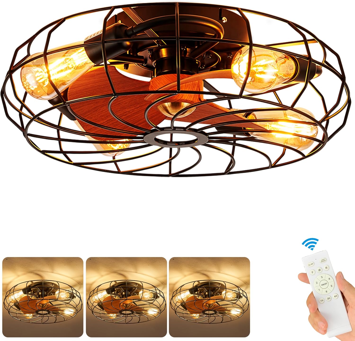 Trssdre 21'' Low Profile Caged Ceiling Fan with Light, Include 5 Bulbs ...