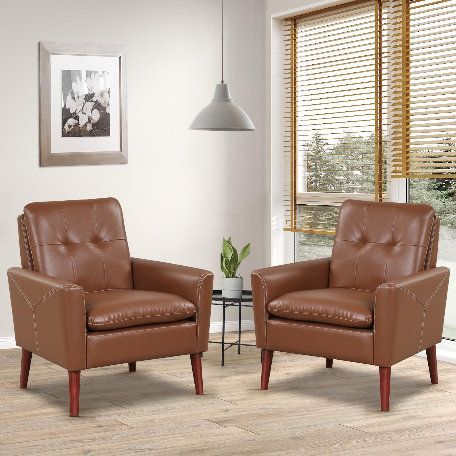 Giantex Modern Leather Accent Chair Set of 2 - Mid-Century Arm Chairs ...