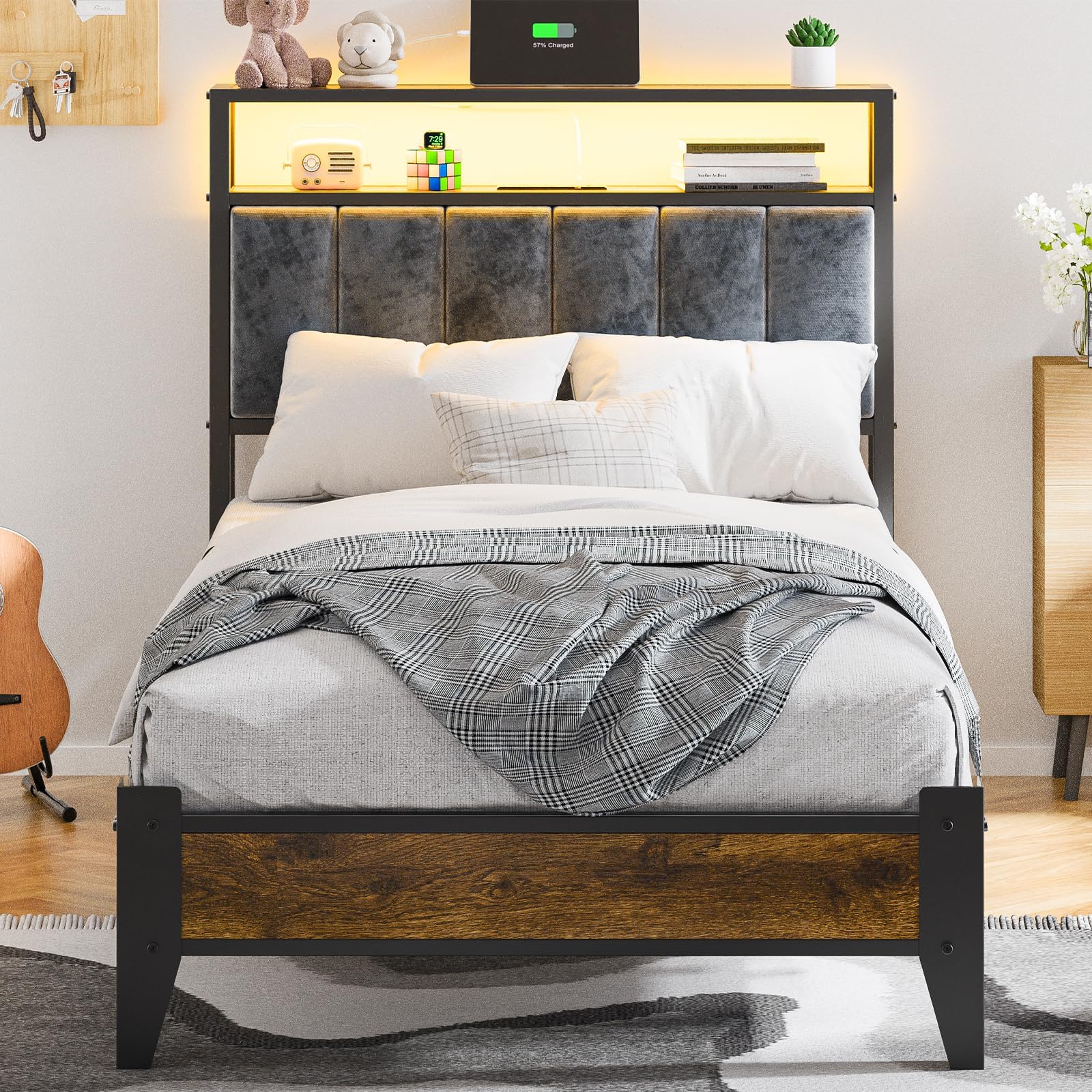 Amazon.com: Twin Size Bed Frame with Ergonomic Headboard,LED Lights Bed ...