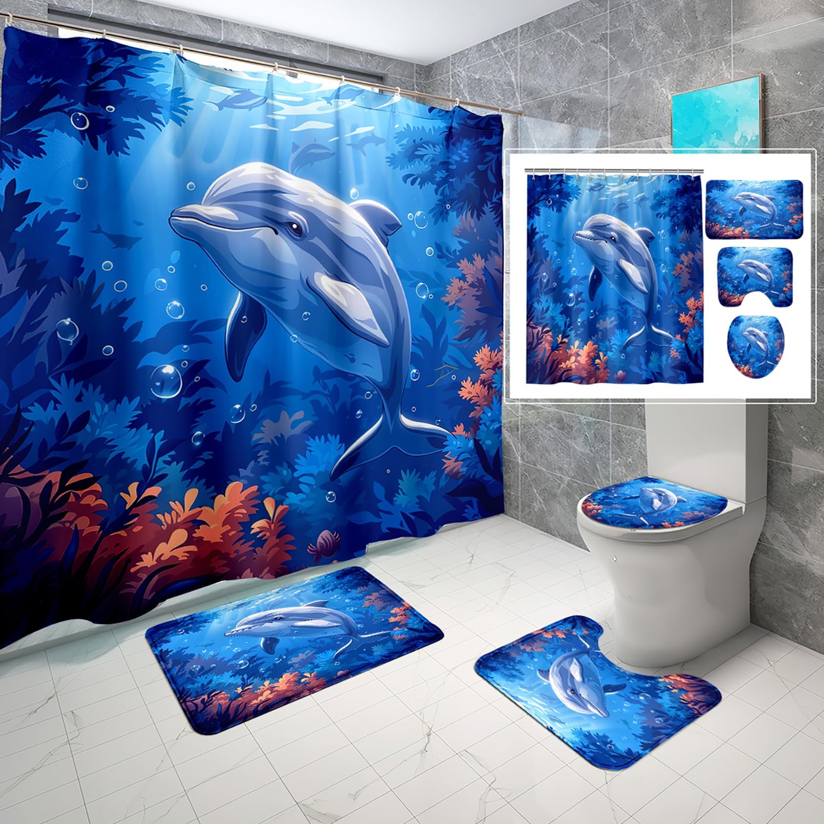 Amazon.com: GiftGalore 4PCS Dolphin Shower Curtain Bathroom Set with ...